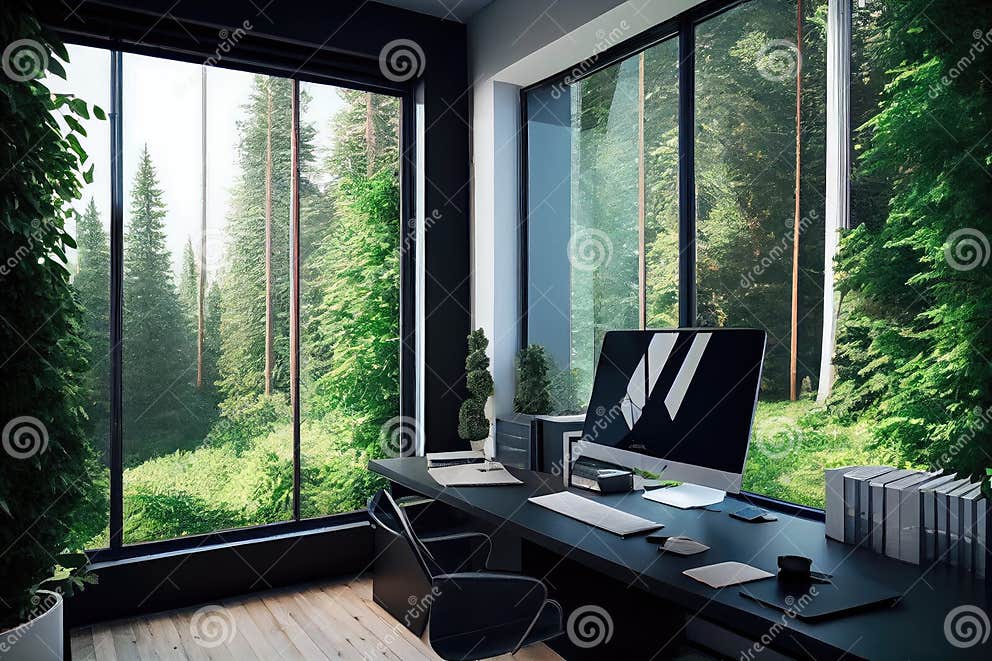 Office with Window View of Lush Forest, Filled with Trees and Greenery ...