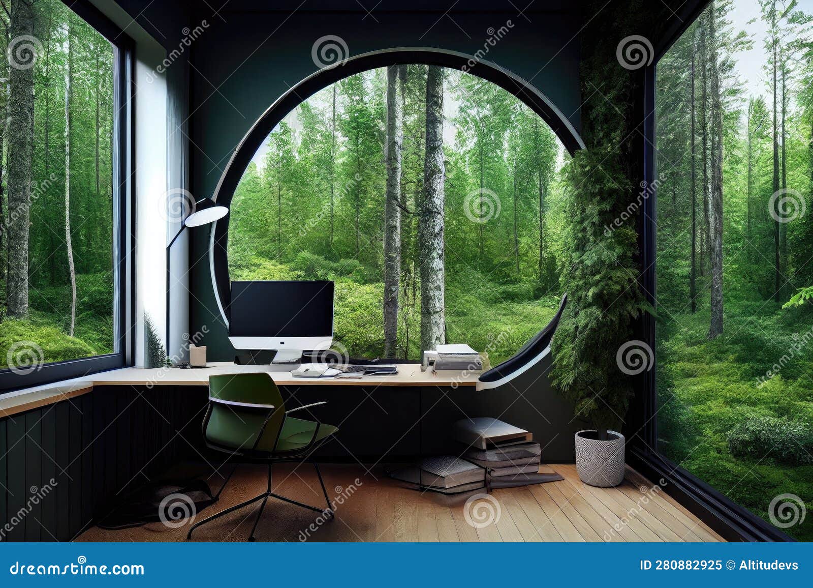 Office with Window View of Lush Forest, Filled with Trees and Greenery ...