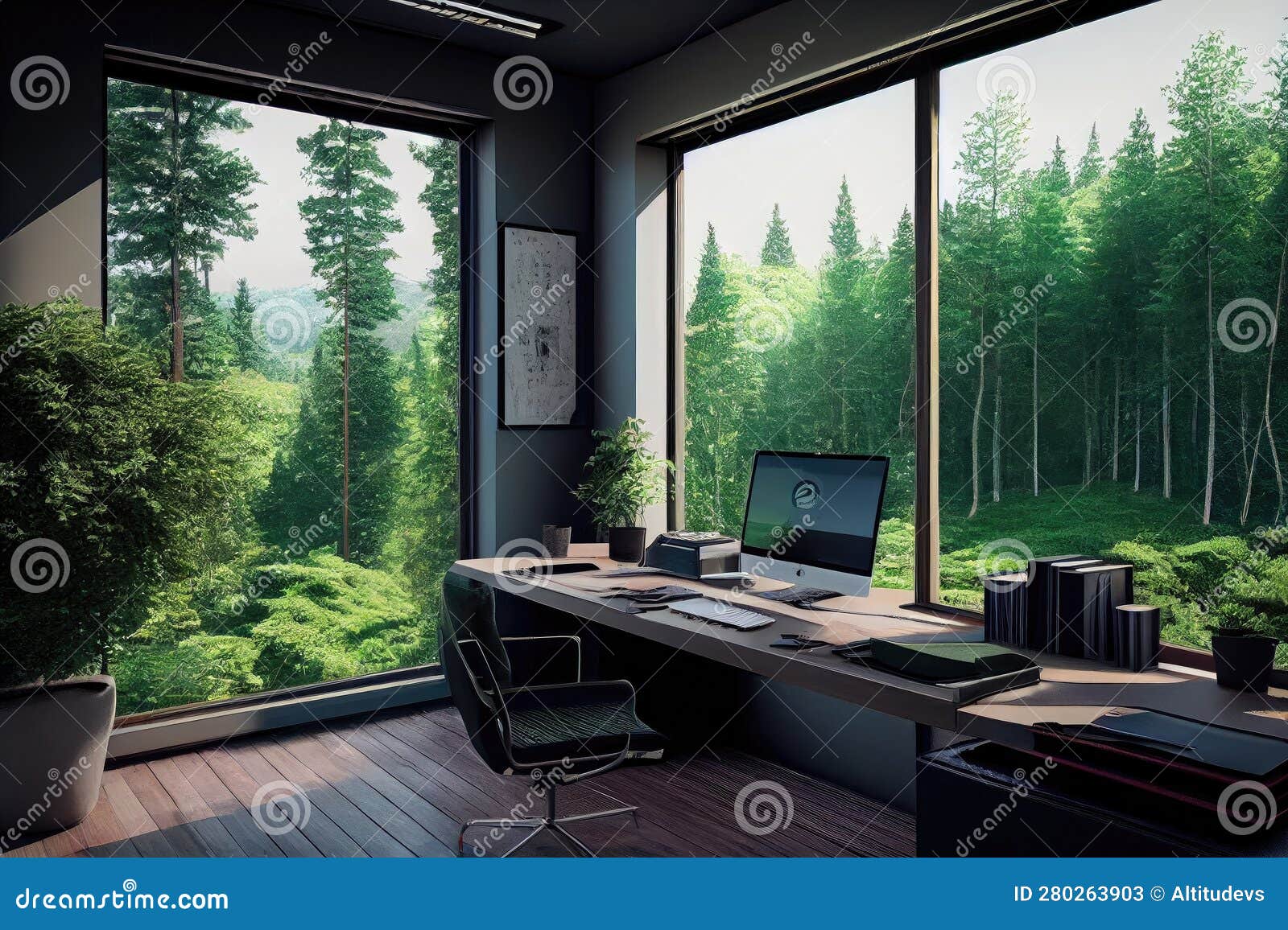 Office with Window View of Lush Forest, Filled with Trees and Greenery ...