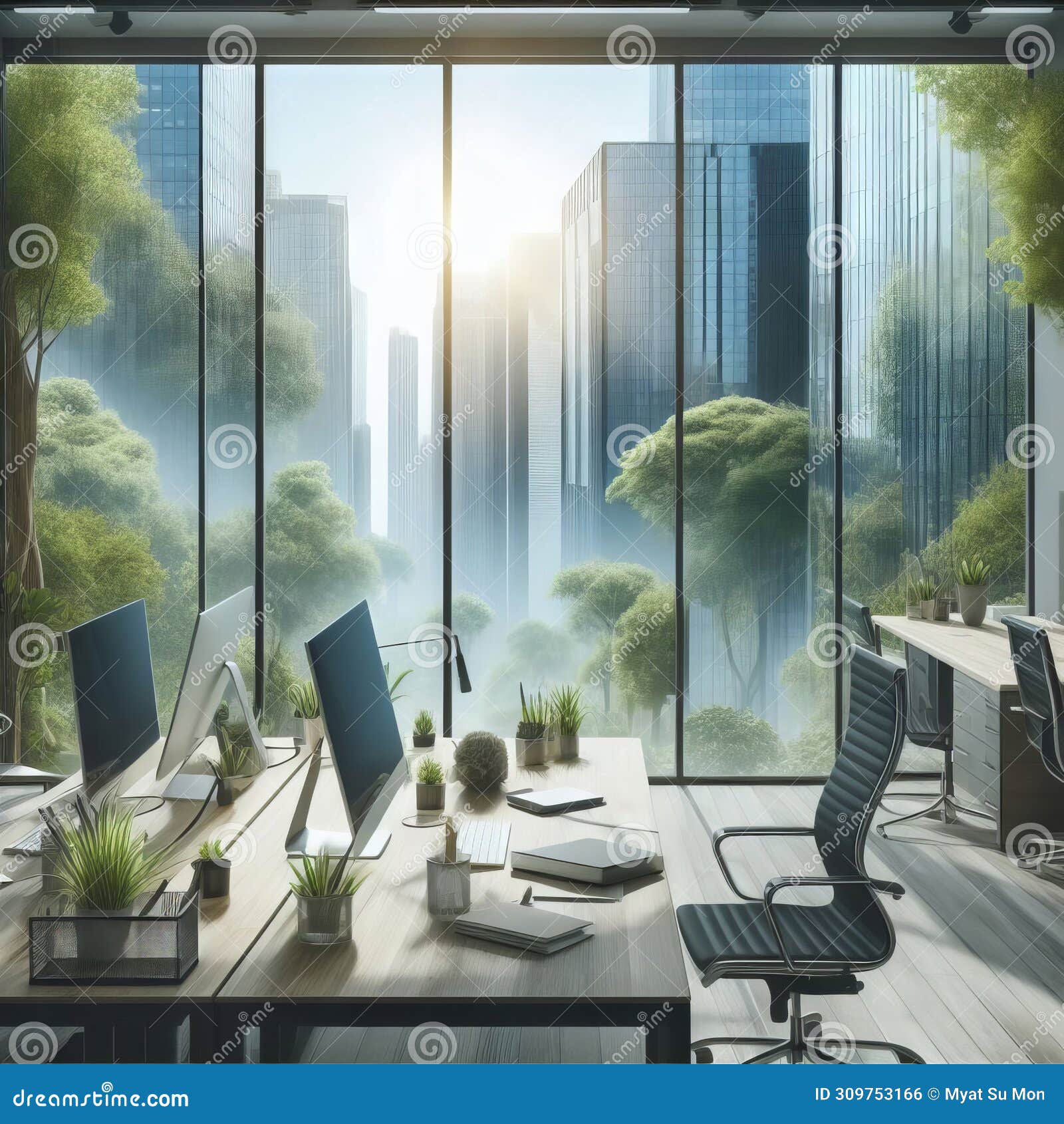 Office Window View with Reflection of Green Tree Environment Stock ...
