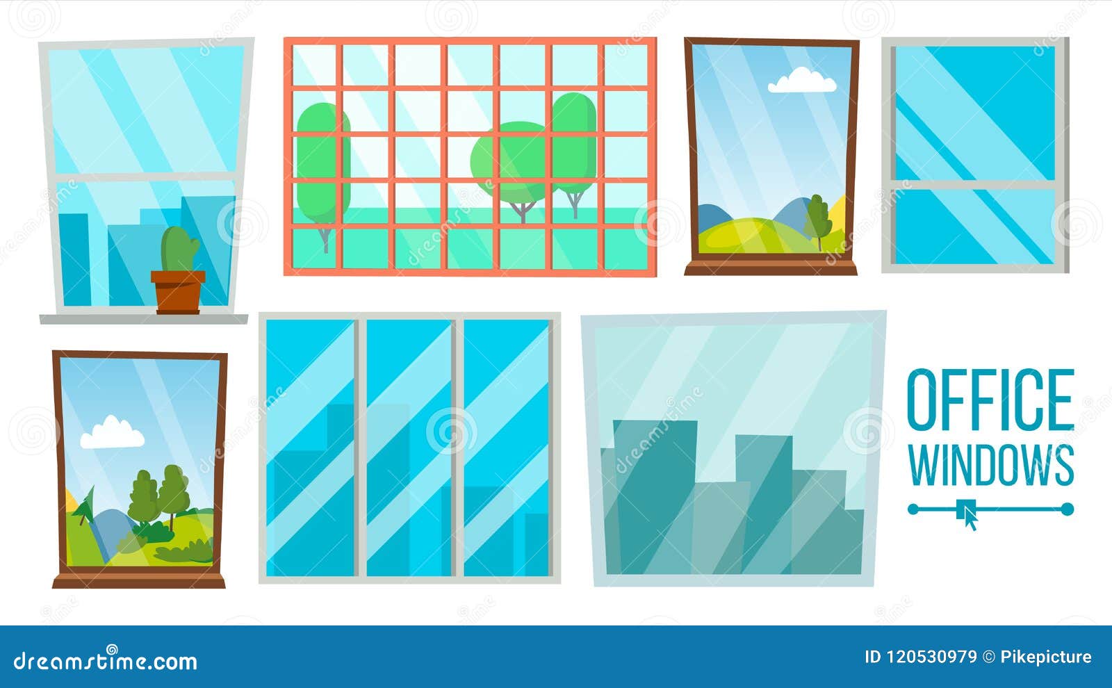 Office Windows Set Vector. Business Apartment Interior Design Element ...