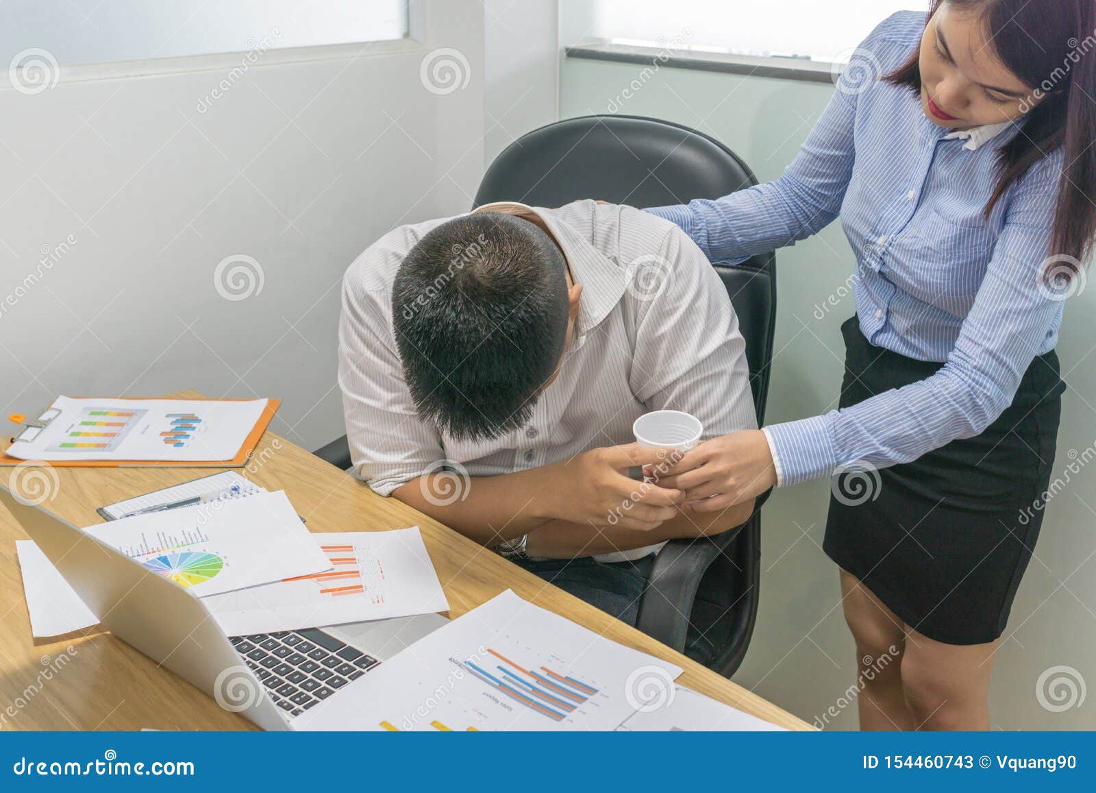 Office Woman Bring Medicine To Workmate in Office Stock Image - Image ...