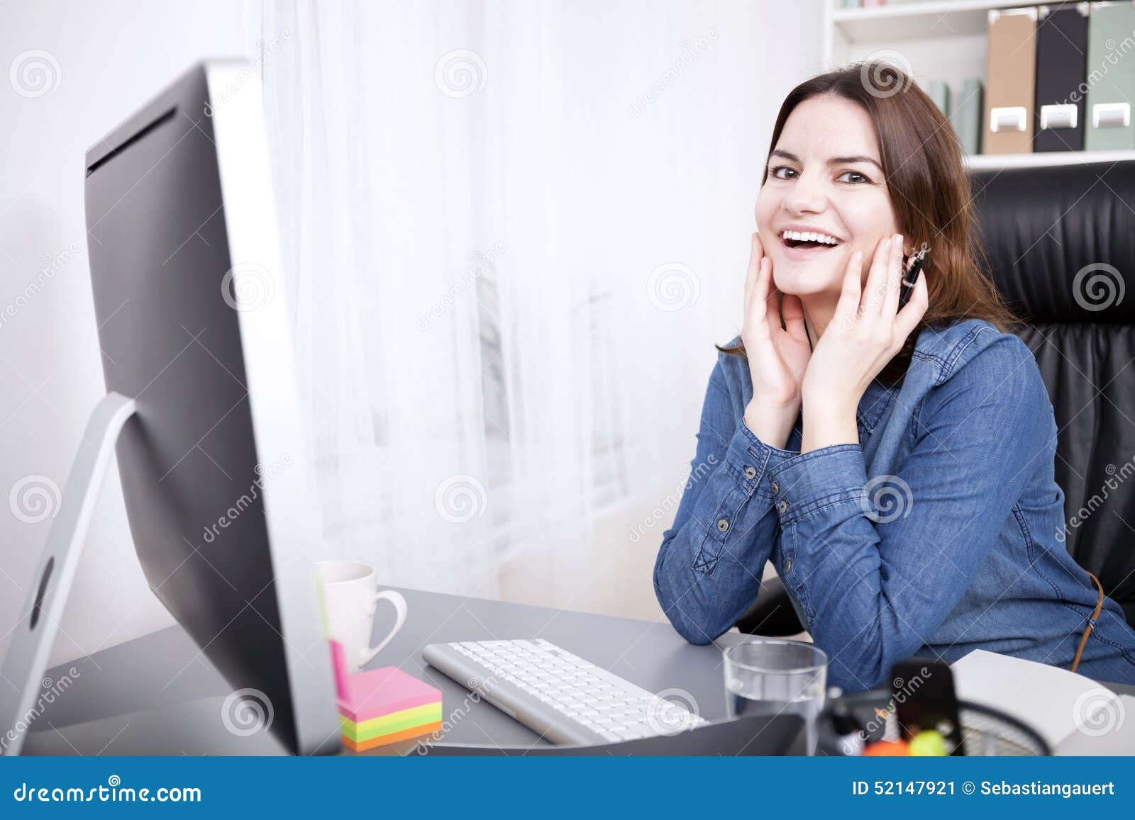 Office Woman Leaning on Table with Hands on Face Stock Image - Image of ...