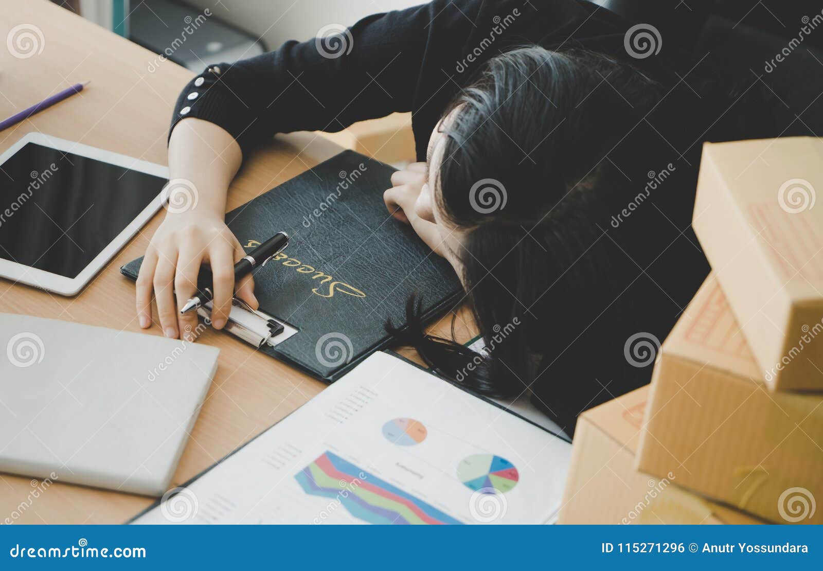 Office Woman Sleeping Over Work on Office Desk Stock Photo - Image of ...