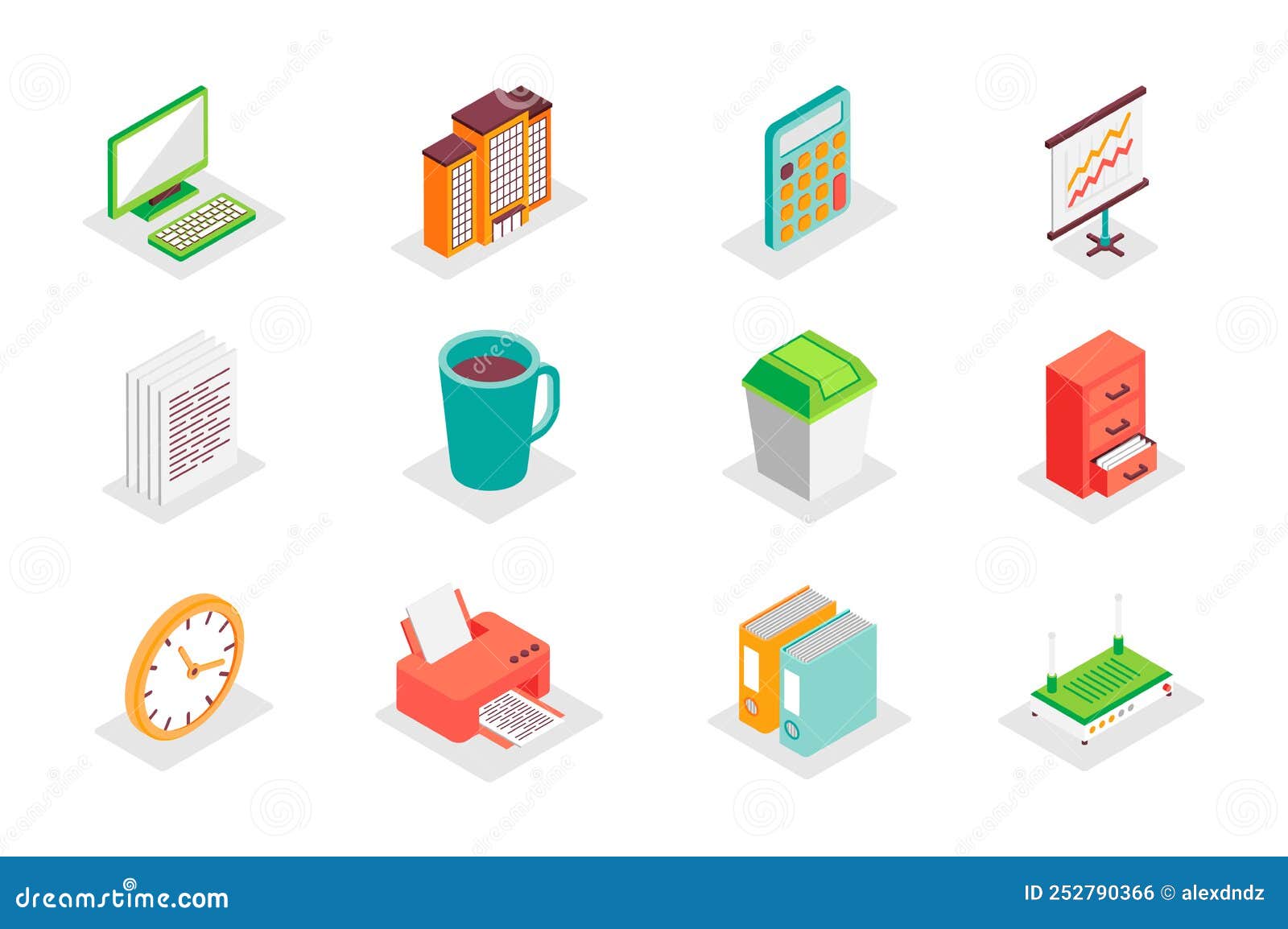 Office Work Concept 3d Isometric Icons Set. Bundle Elements Stock ...