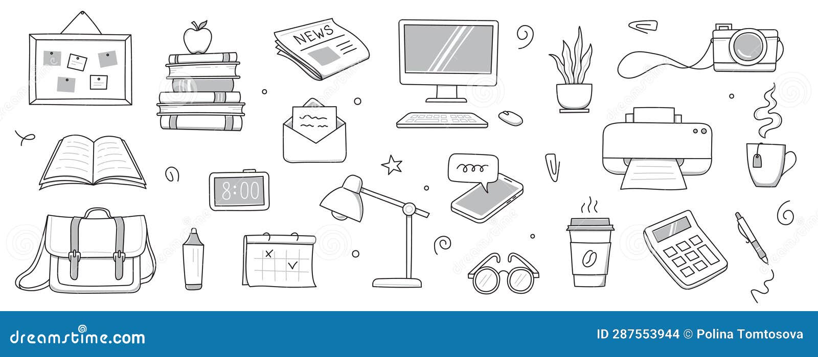 Office Work Doodle Set. Office Computer, Work Desk, Notebook Doodle ...