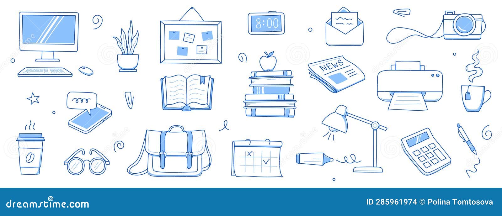 Office Work Doodle Set. Office Computer, Work Desk, Notebook Doodle ...