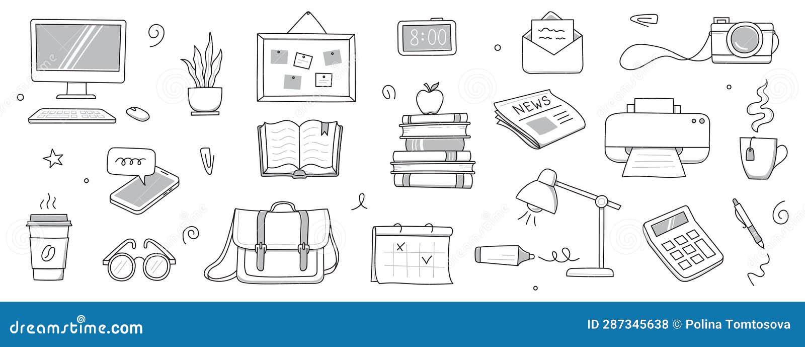 Office Work Doodle Set. Office Computer, Work Desk, Notebook Doodle ...