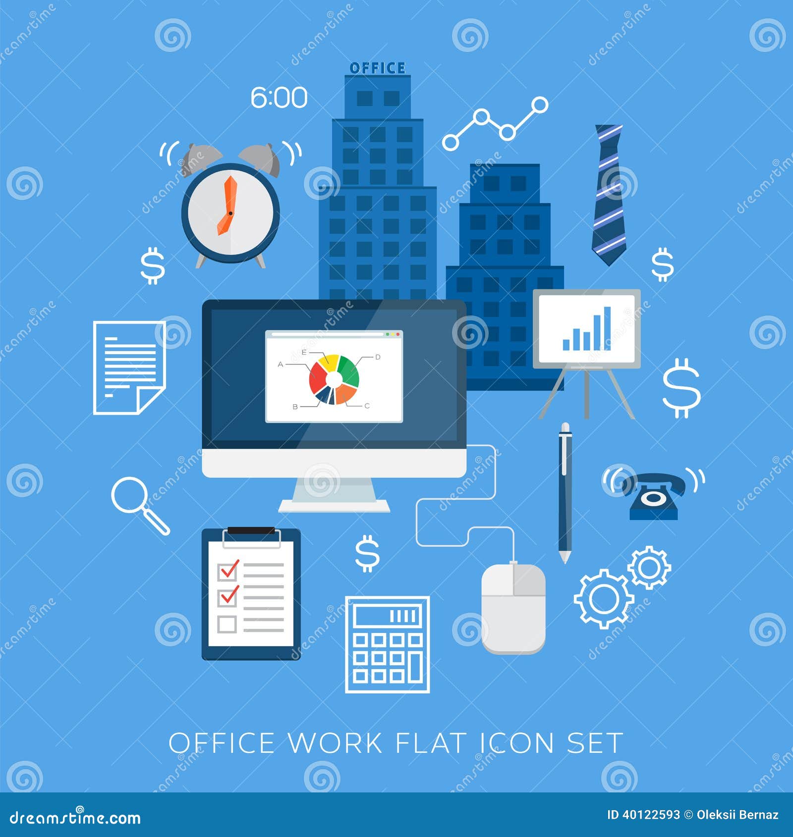 Office Work Flat Vector Icon Set Stock Vector - Illustration of ...