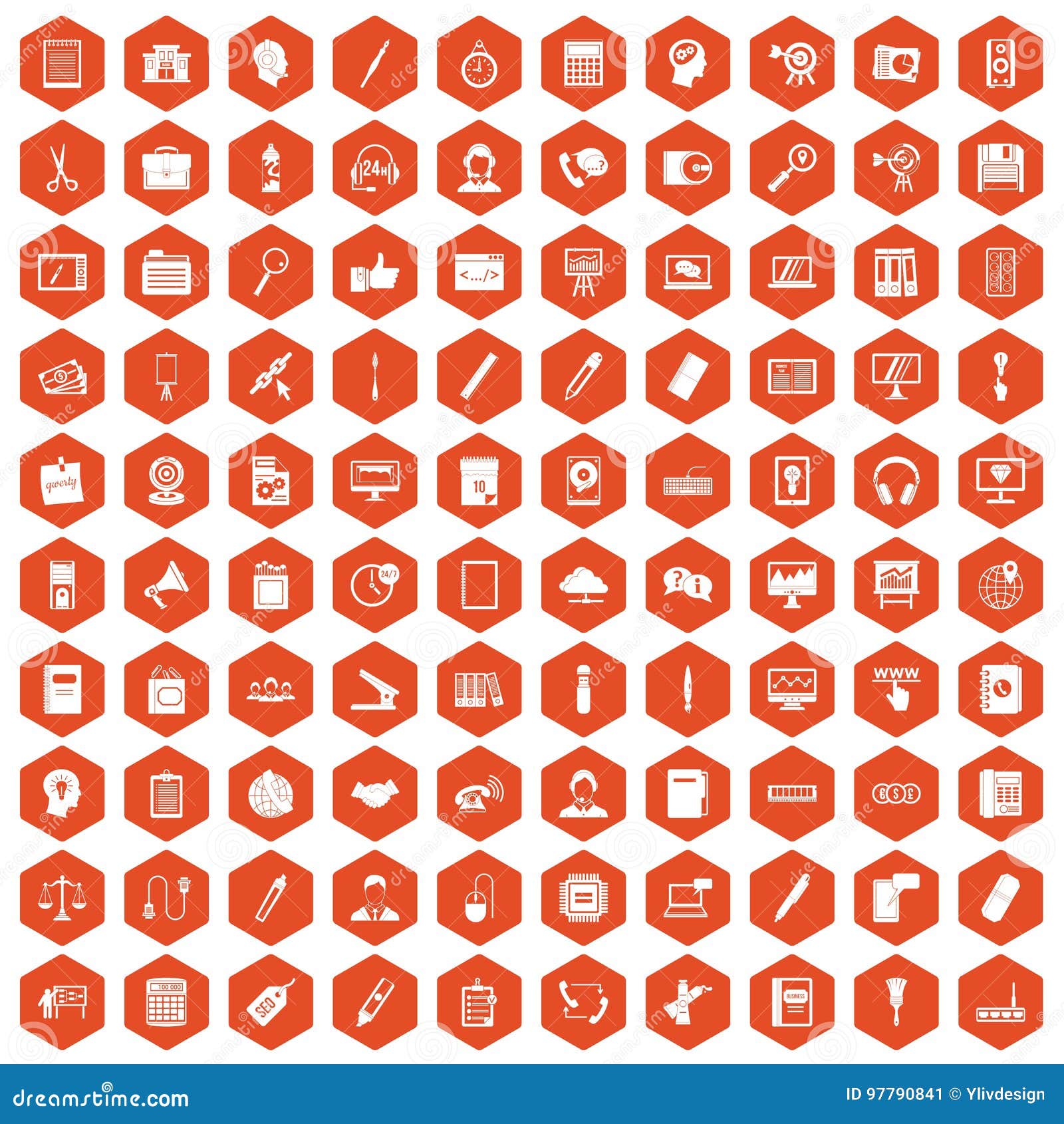 100 Office Work Icons Hexagon Orange Stock Vector - Illustration of ...