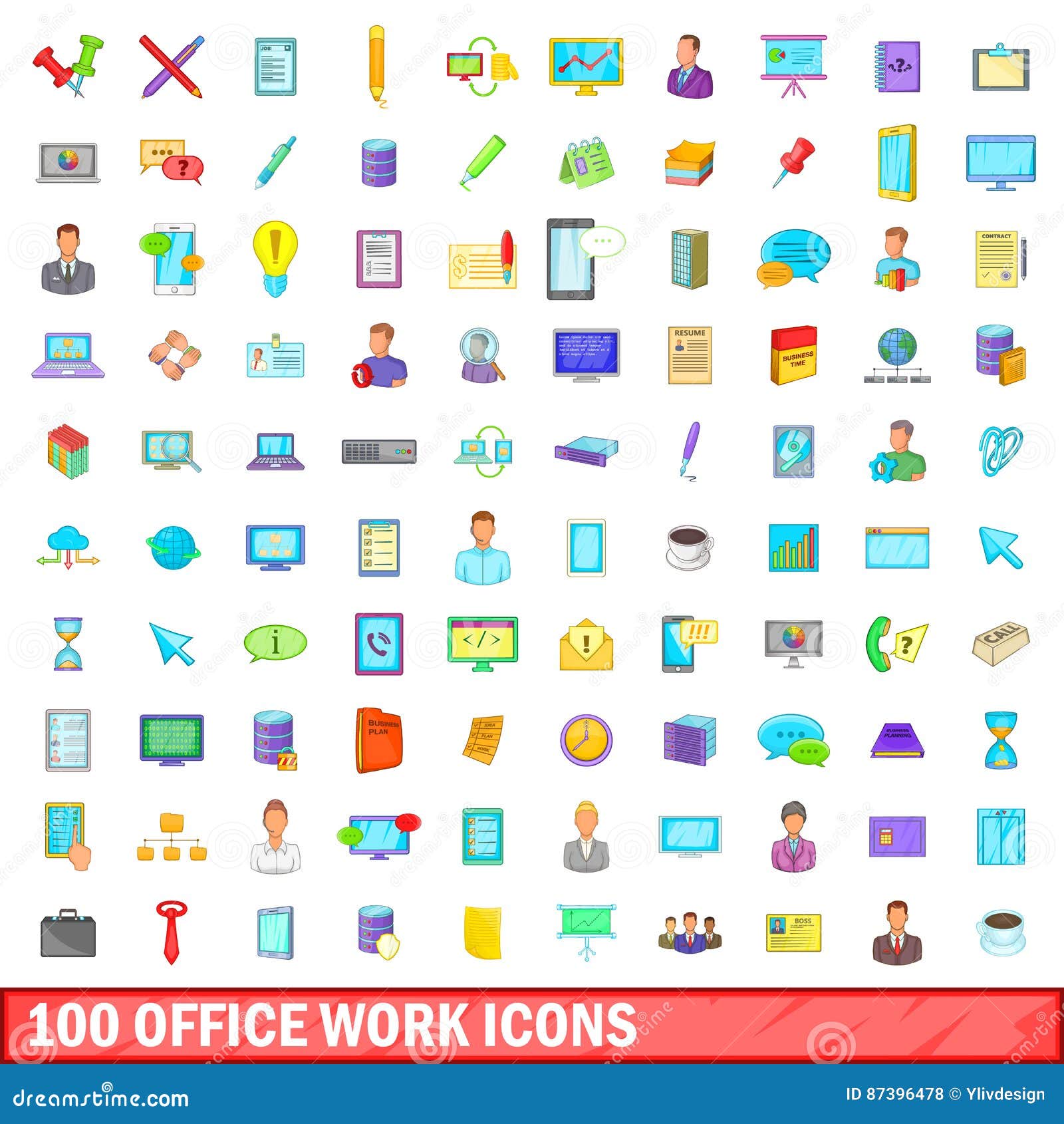 100 Office Work Icons Set, Cartoon Style Stock Vector - Illustration of ...