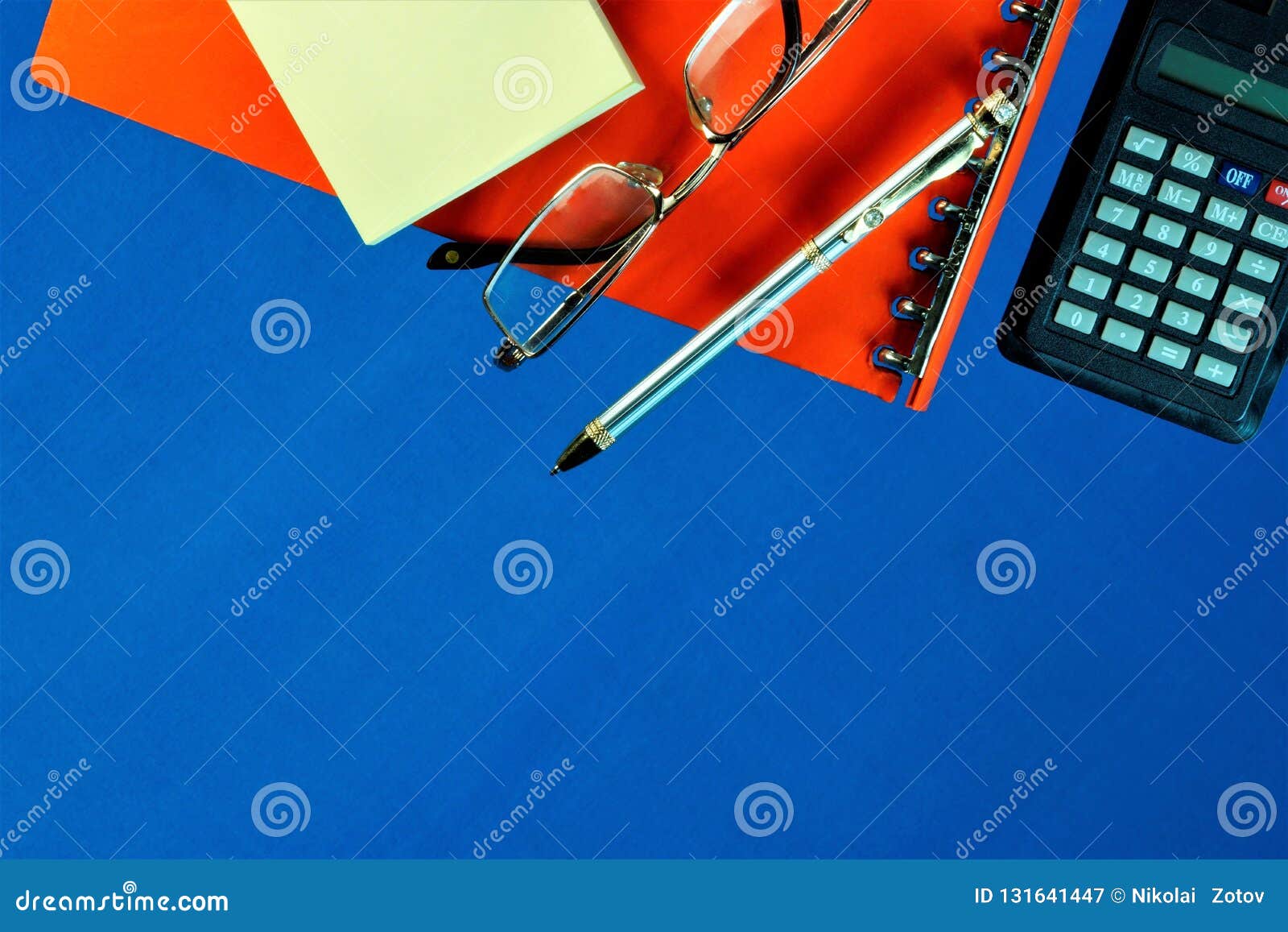 Accounting Desk Background Blue, with the Necessary Accessories. Stock ...