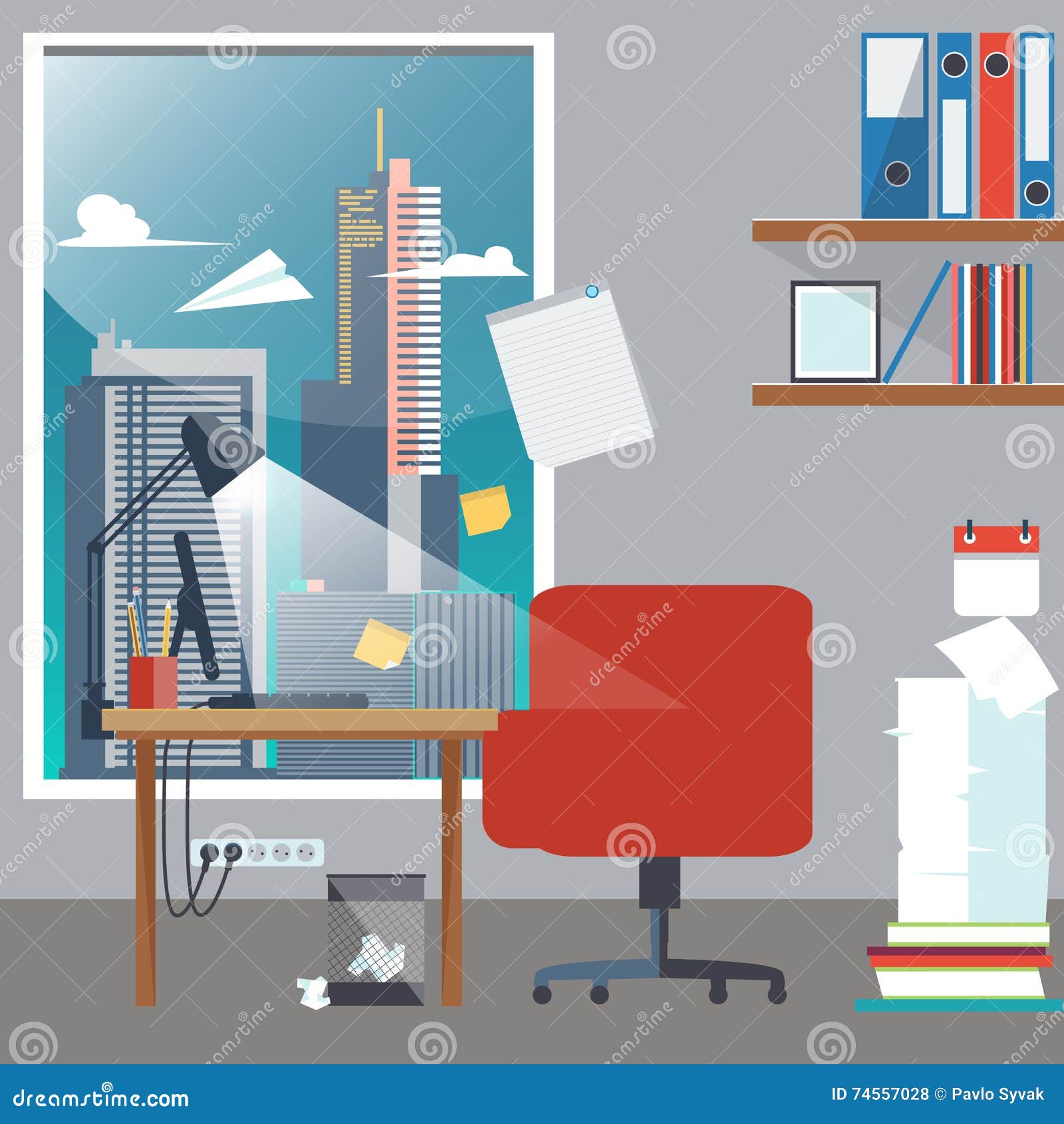 Office Work Place with Computer and Paper Documents Stock Illustration ...