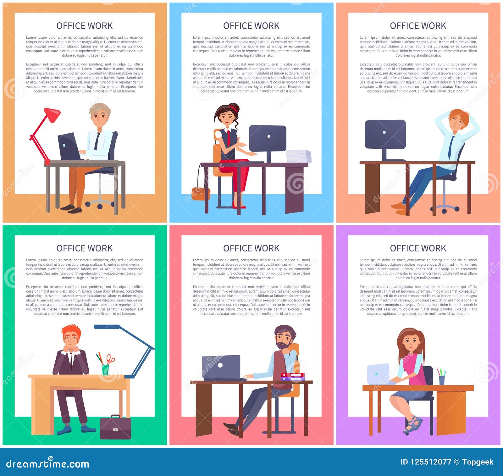 Office Work Posters Set Men Women Working Tables Stock Vector ...