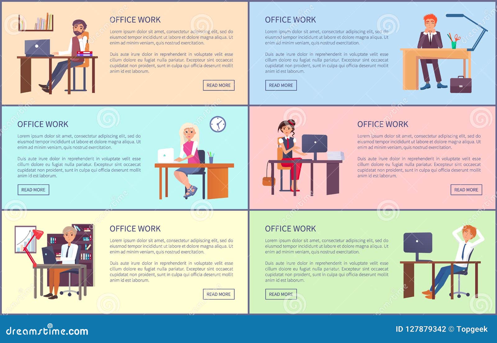 Office Work Posters Set Men Women Working Tables Stock Vector ...