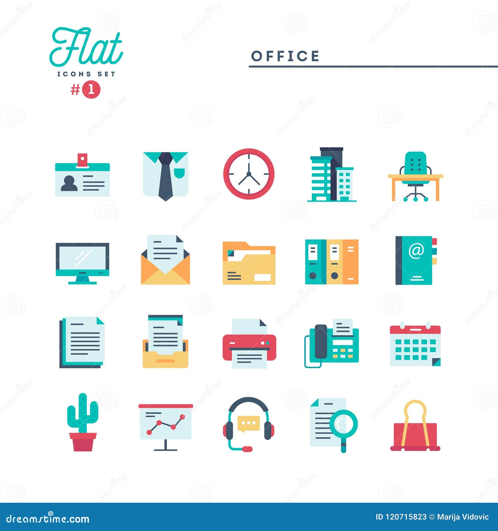 Office, Work Space and Items, Flat Icons Set Stock Illustration ...