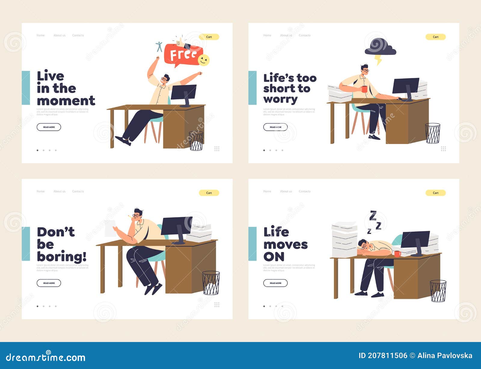 Office Work Stress, Inactive and Lazy Workers. Set of Landing Pages ...