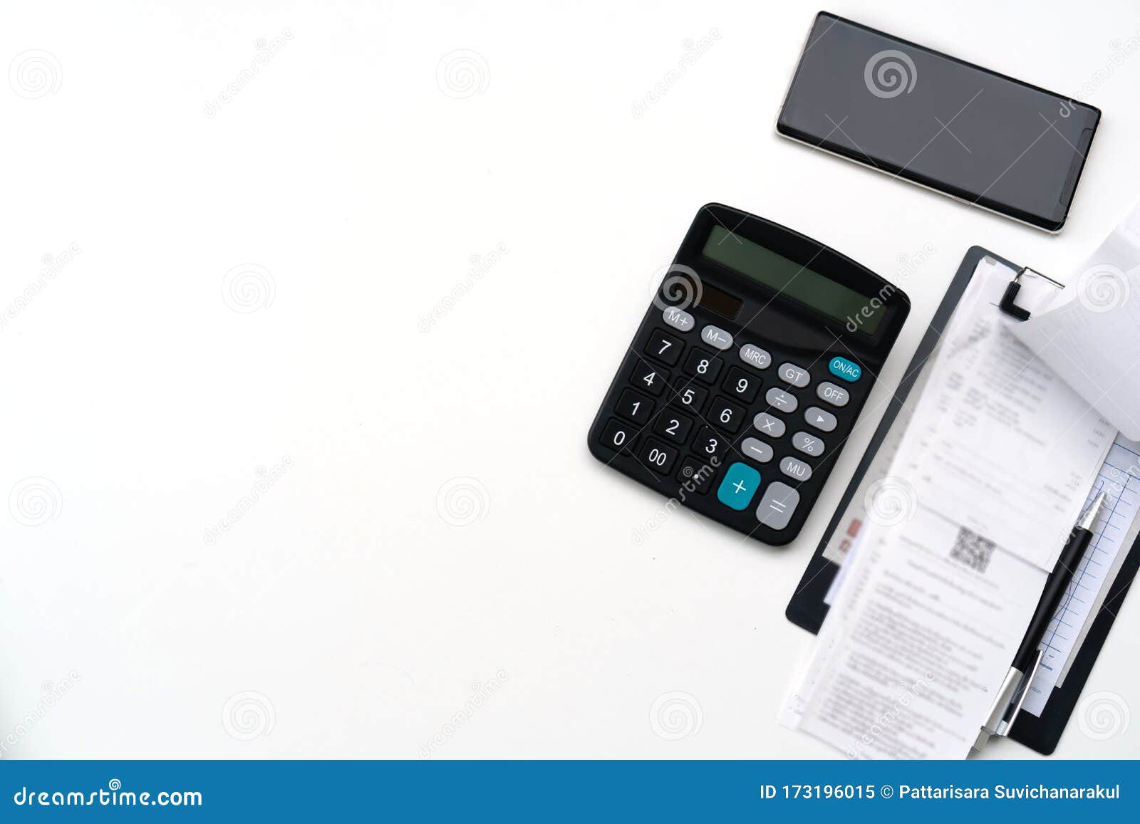 Office Work Table with Bill, Mobile Phone, and Calculator on White ...