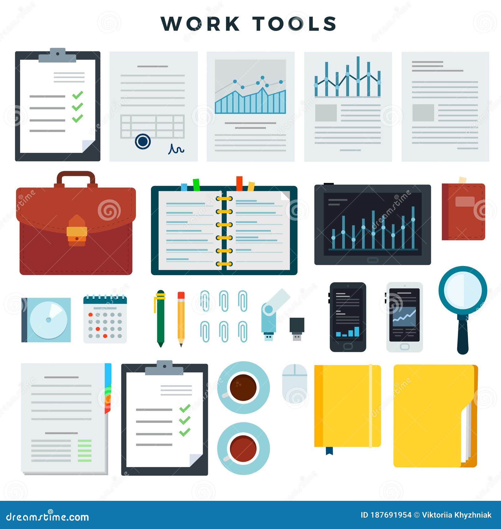 Office Work Tools. Paperwork and Business Work Elements, Set. Mobile ...