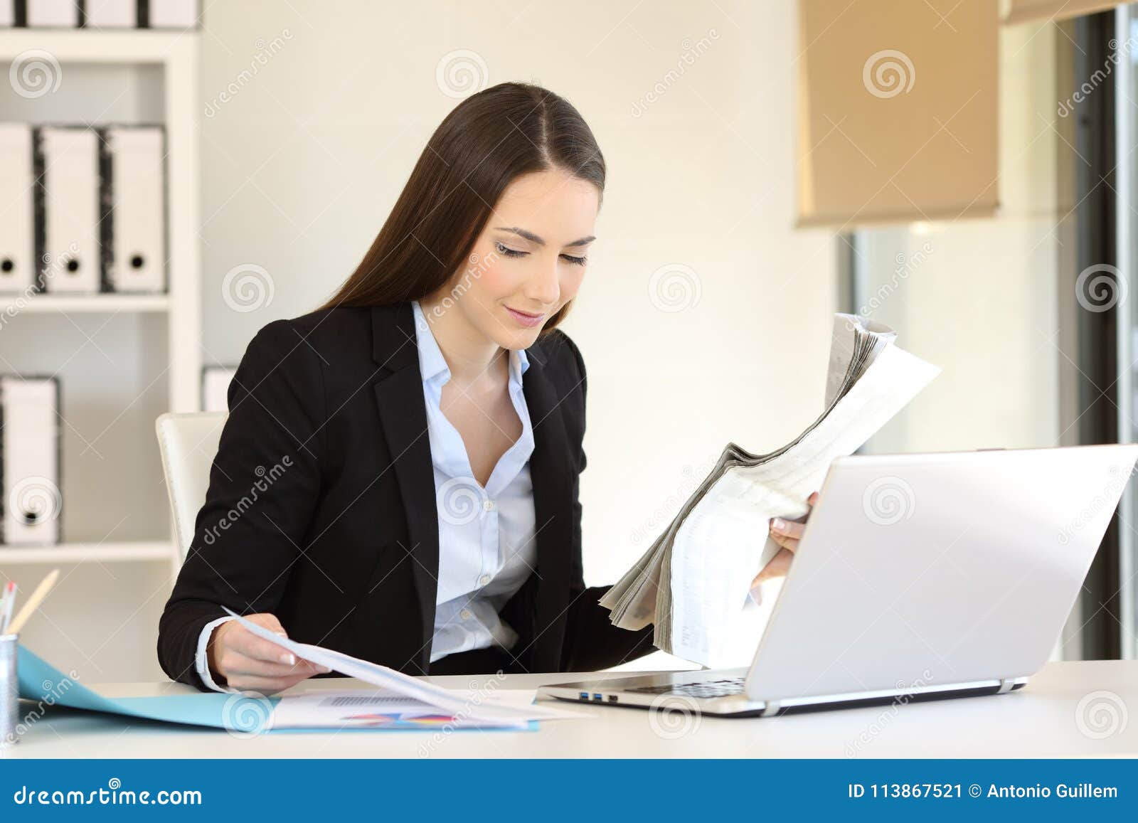 Office Worker Checking News and Documents Online Stock Image - Image of ...