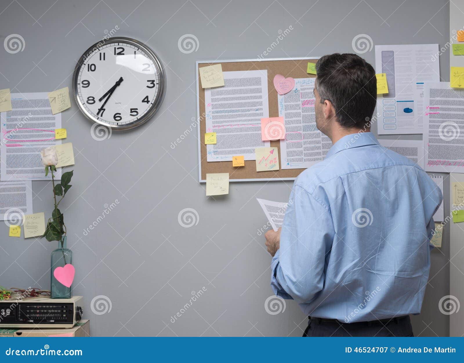 Office Worker Checking Notes on Pin Board Stock Image - Image of note ...