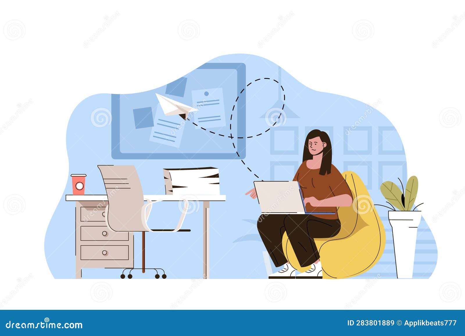 Office Worker Concept. Employee Does Work Tasks, Works on Laptop, Sends ... Office Worker Concept. Employee Does Work Tasks, Works on Laptop, Sends ...