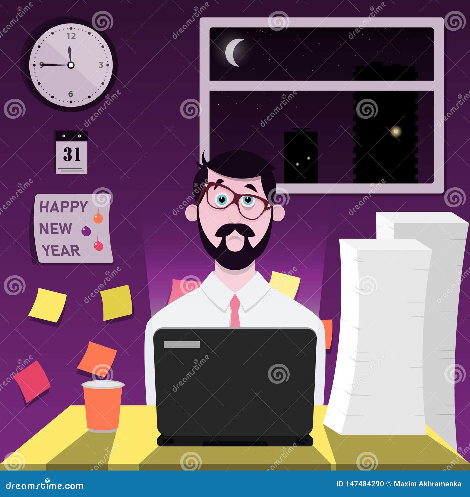 Office Worker is Delayed at Work on New Year`s Eve. Stock Illustration ...