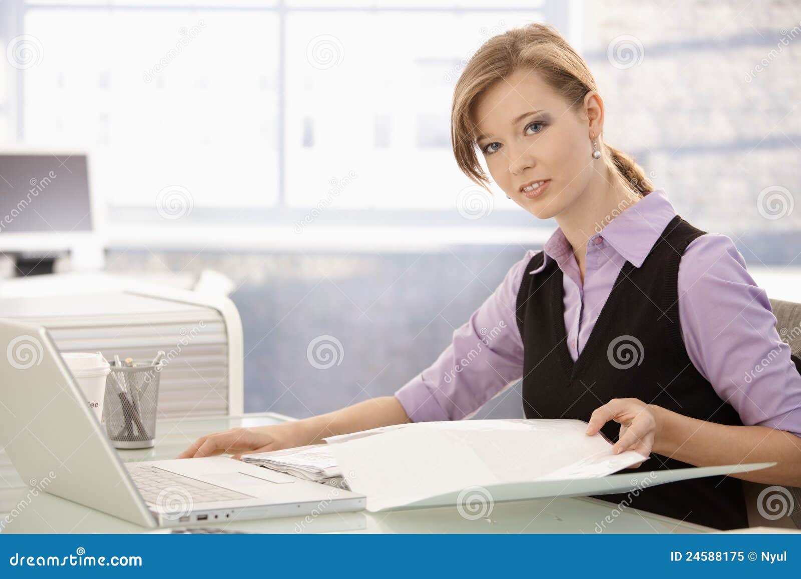 Office Worker Doing Paperwork at Desk Stock Image - Image of european ...