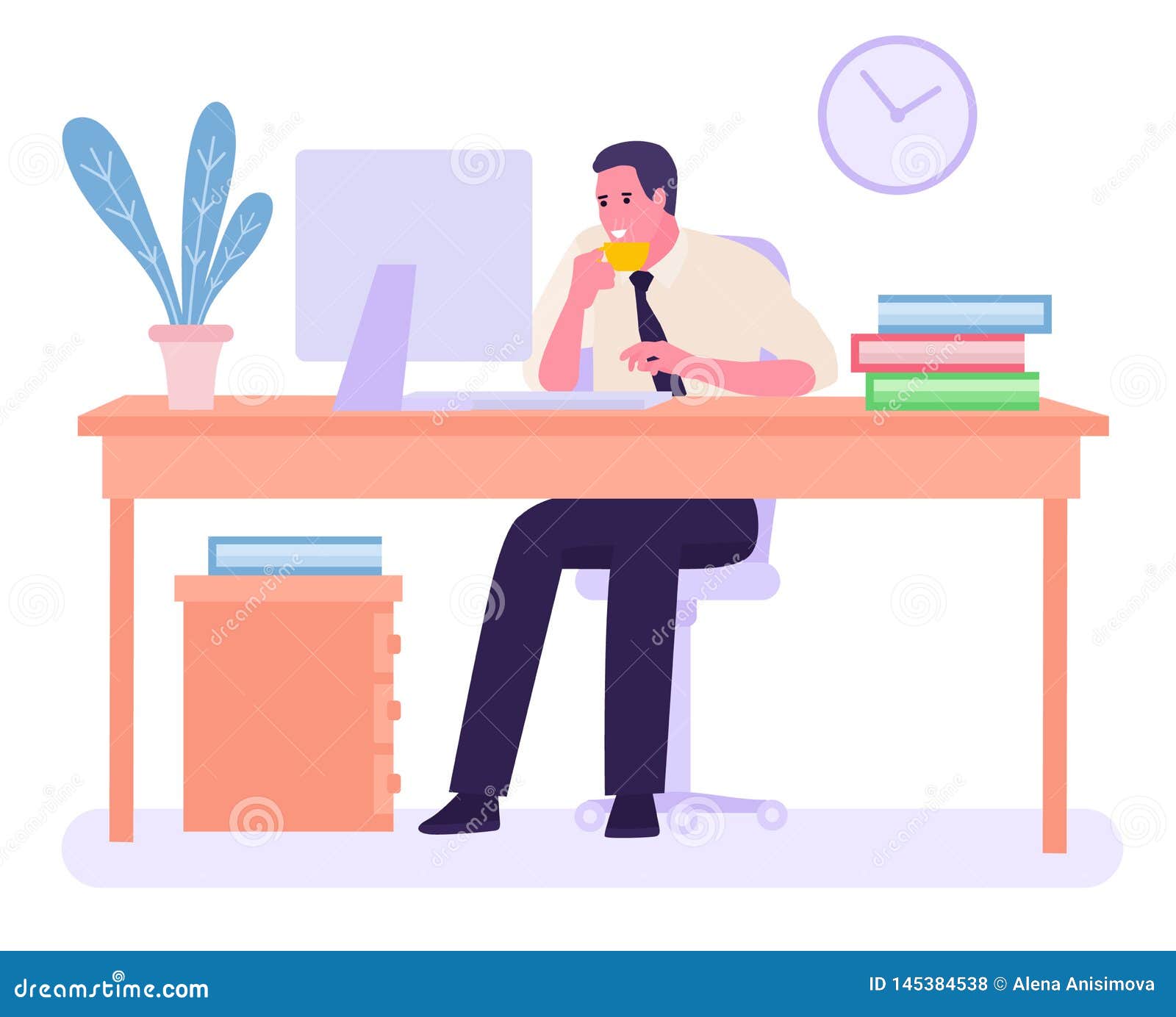 Office Worker Drinking Coffee. White Background. Vector Illustration In ...