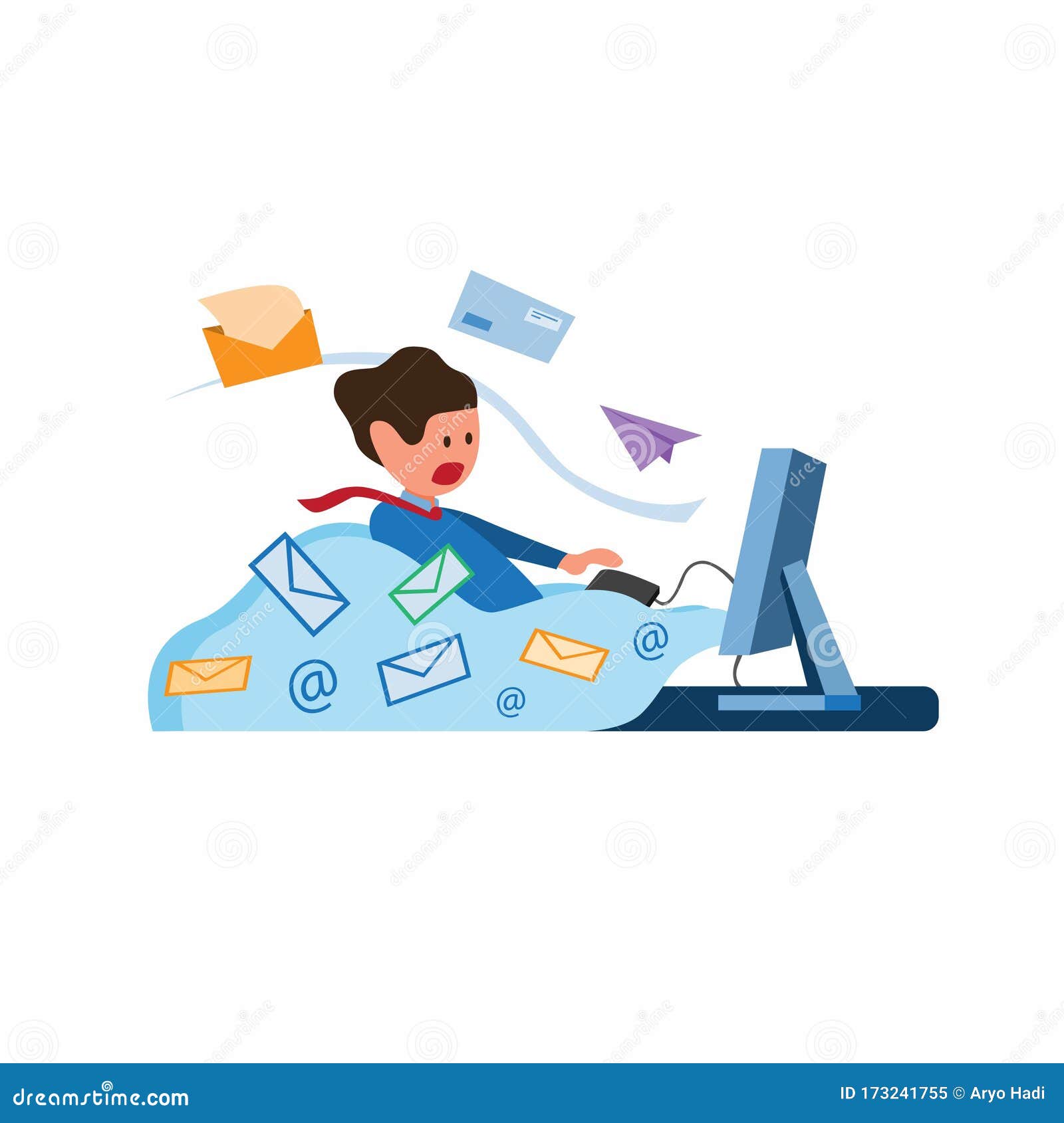 Office Worker with Full of Envelope and Email Coming Out from Computer ... Office Worker with Full of Envelope and Email Coming Out from Computer ...