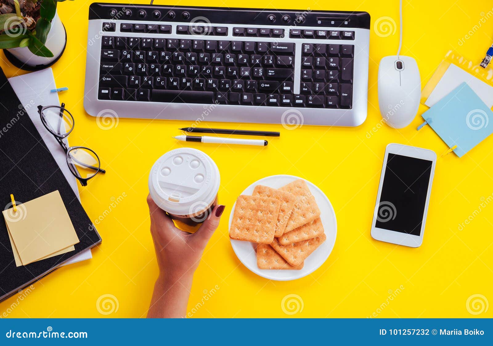 Office Worker is Having a Coffee Break. Workspace of a Young Female ...