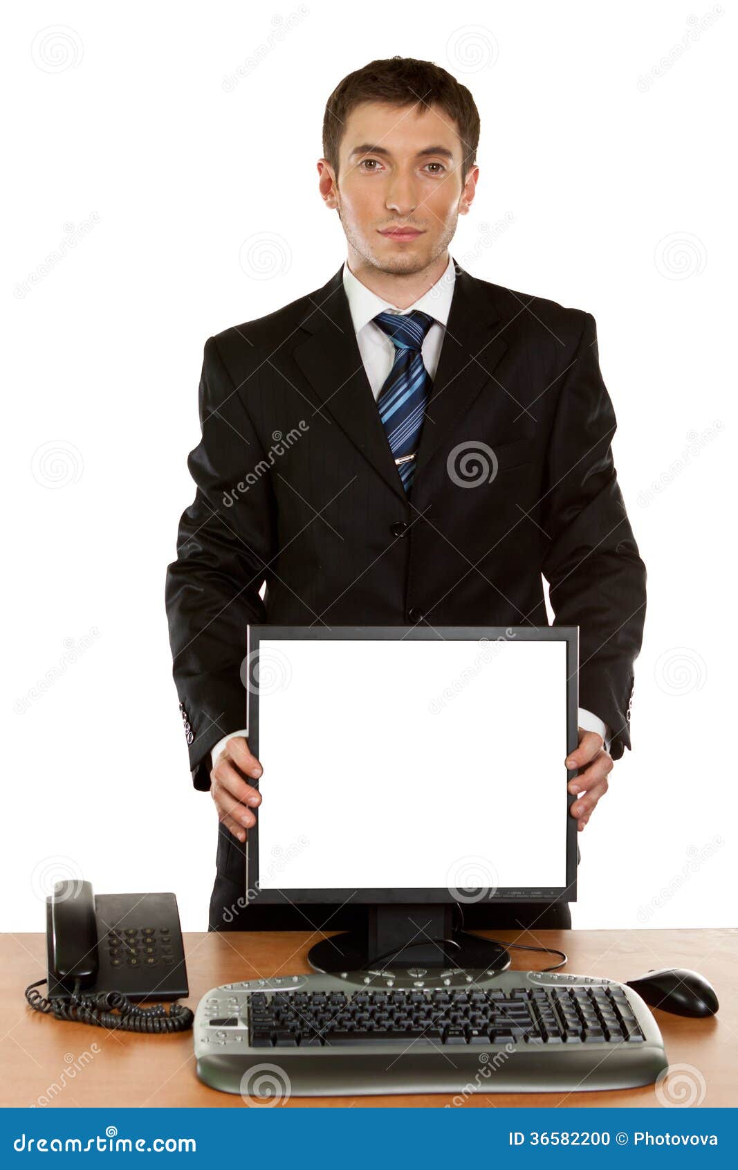 Office Worker Holding Blank Computer Monitor with Clipping Path Stock ...