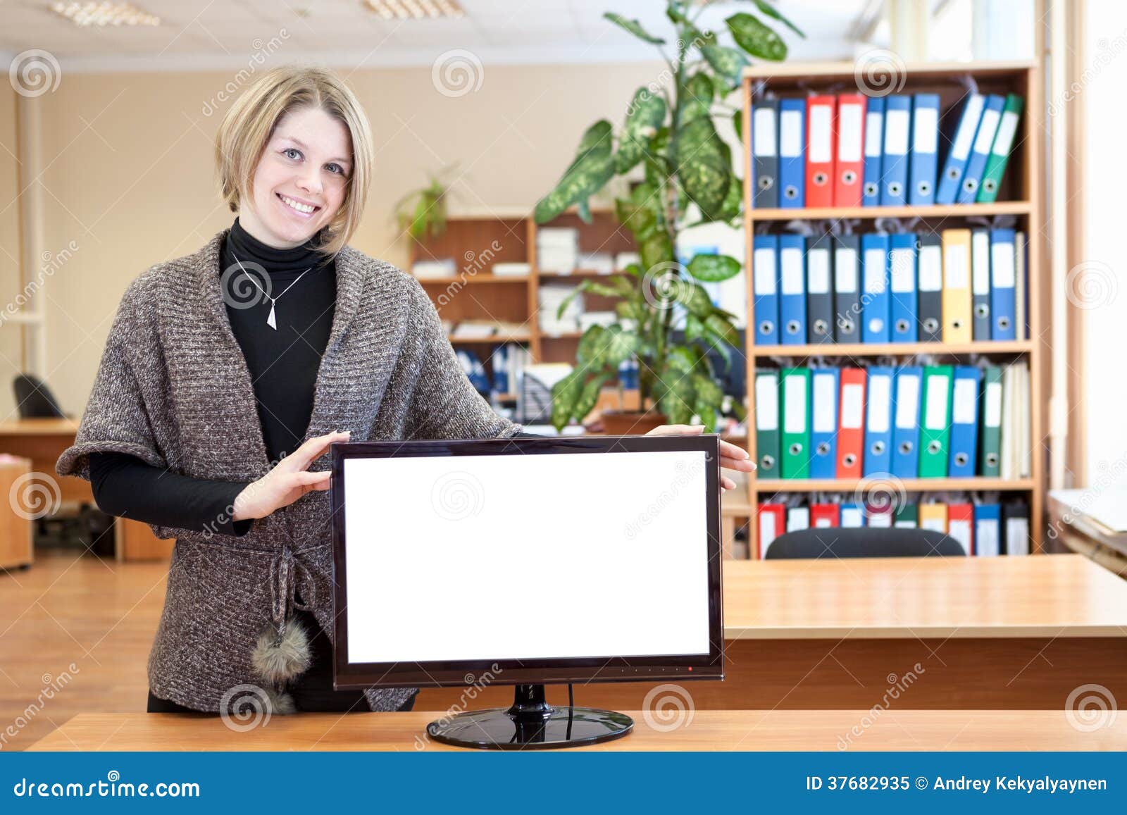 Office Worker Holding Monitor with White Isolated Screen Stock Image ...