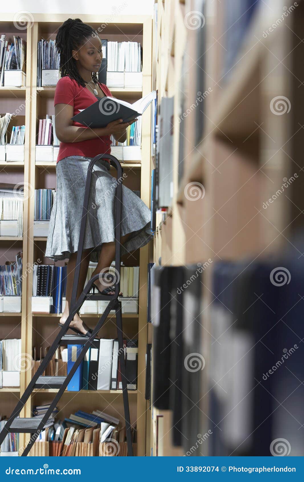 Office Worker on Ladder in File Storage Room Stock Photo - Image of ...