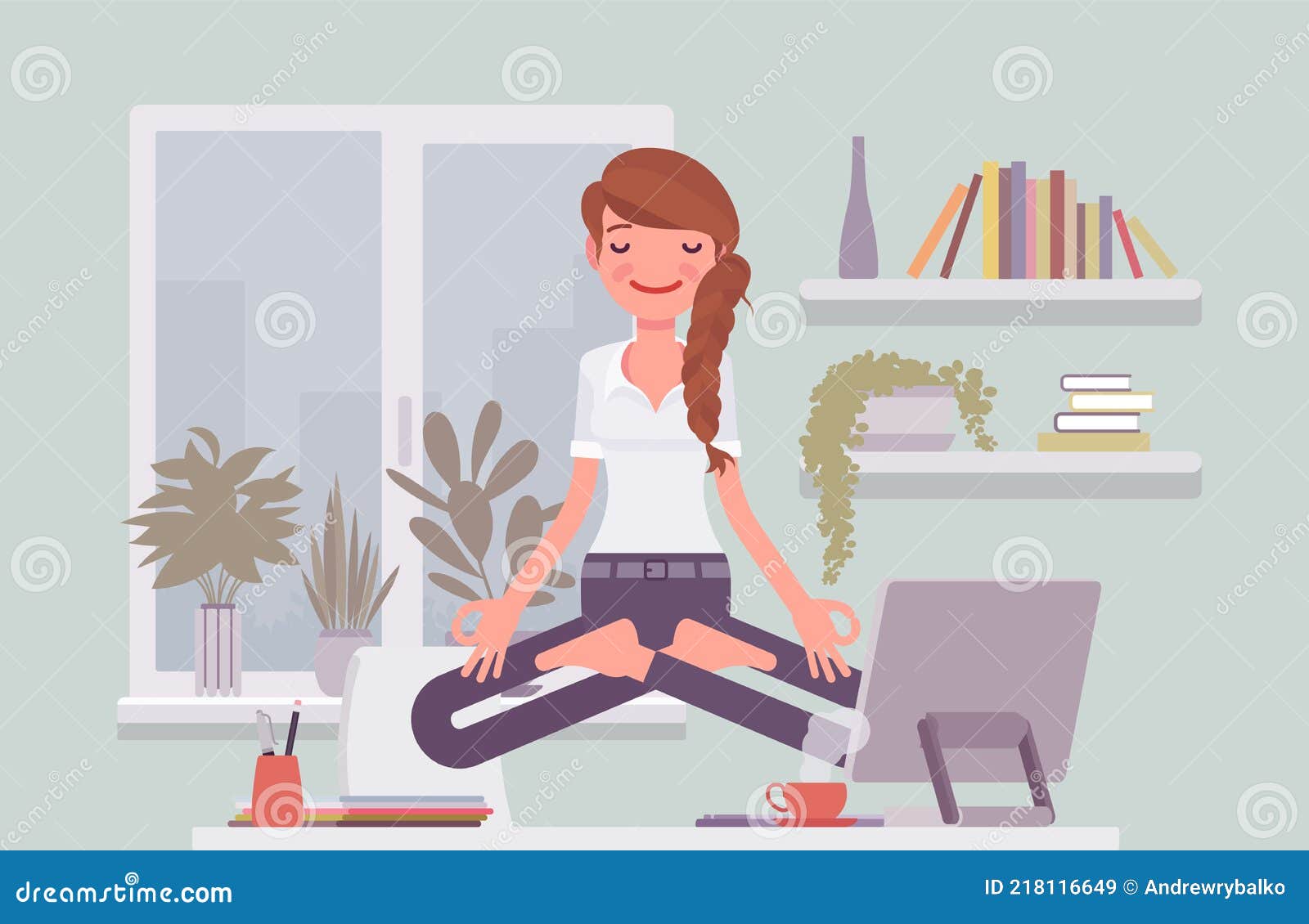 Office Female Worker Meditating For Relaxation Stock Vector