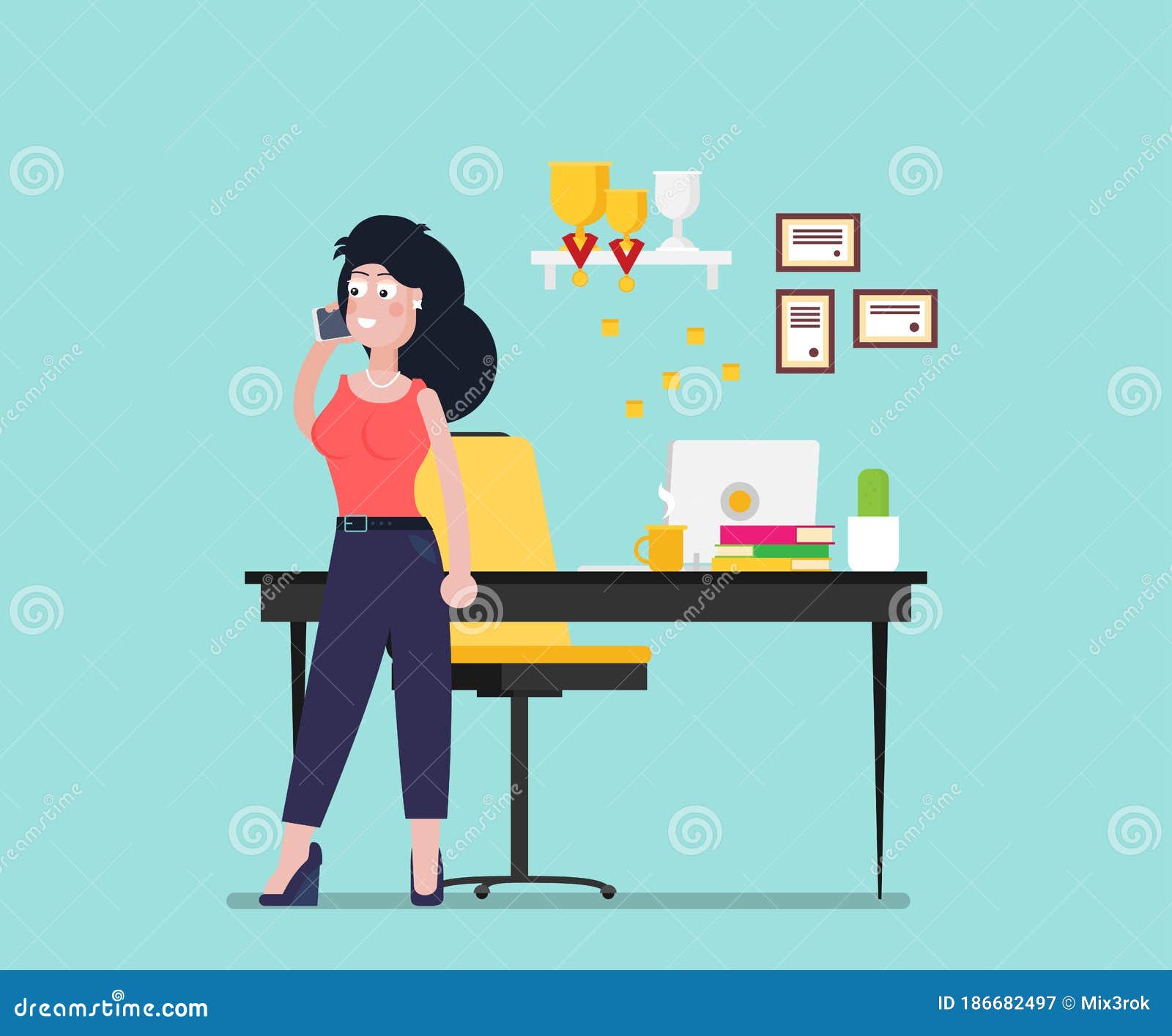 Office Worker with Phone Working in Office in the Flat Style Vector ...