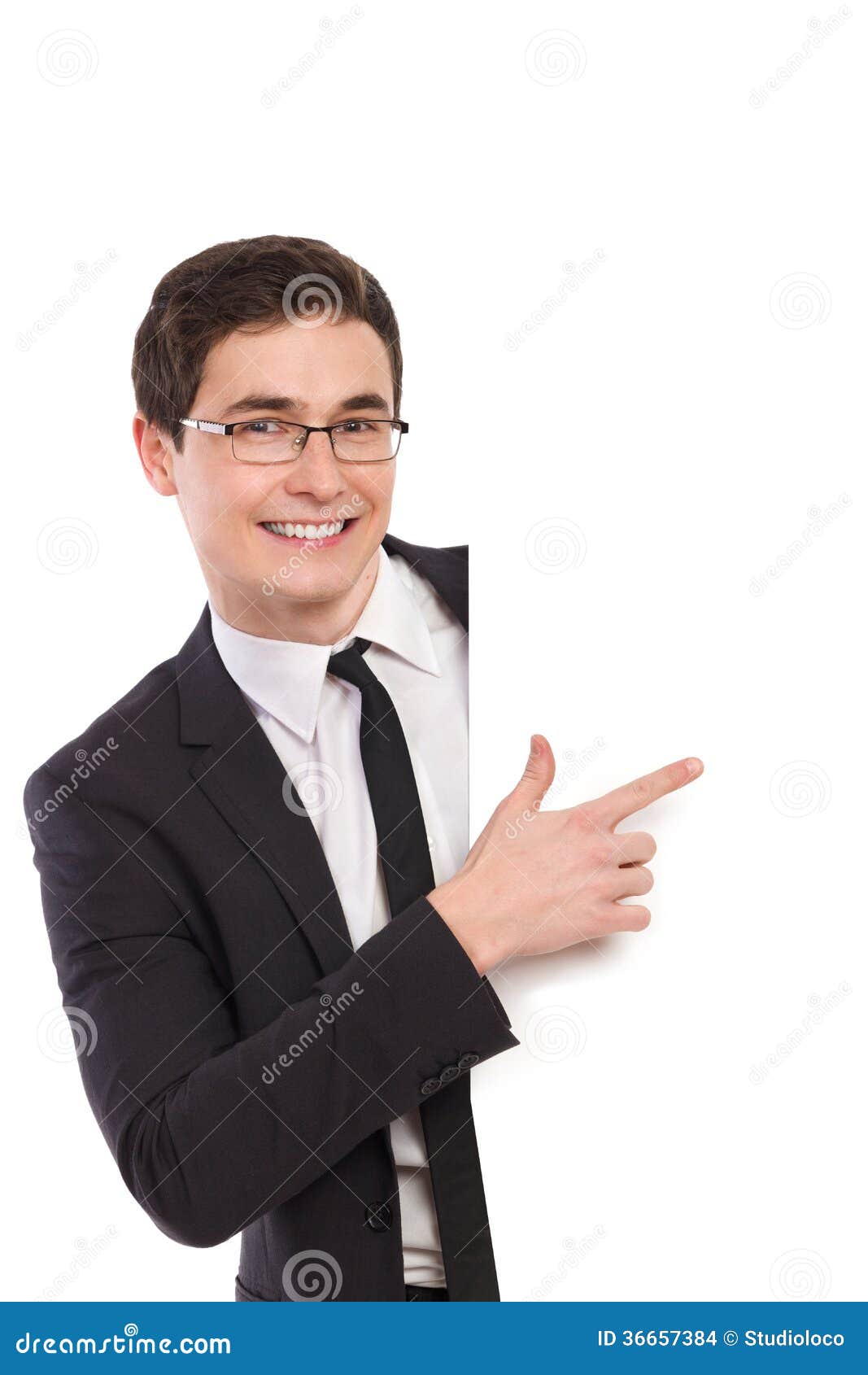 Office Worker Pointing at White Banner. Stock Photo - Image of black ...