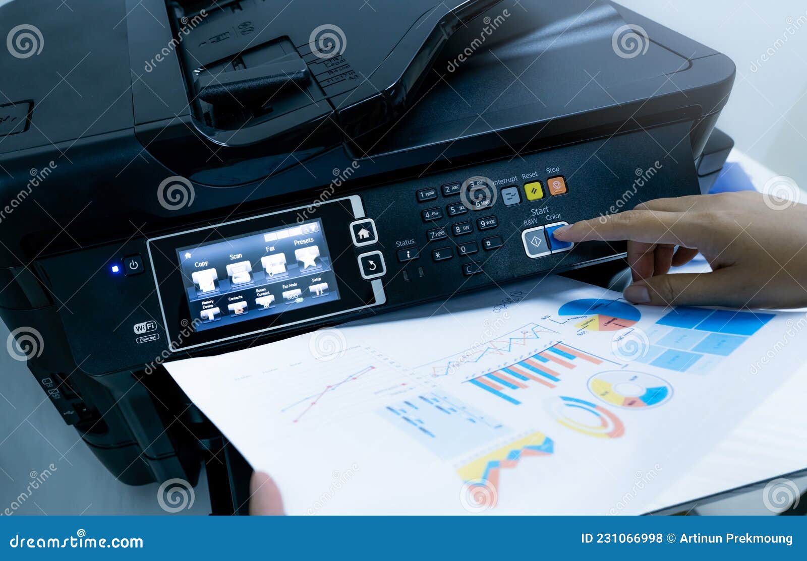 Office Worker Prints Paper on Multifunction Laser Printer. Copy, Print ...
