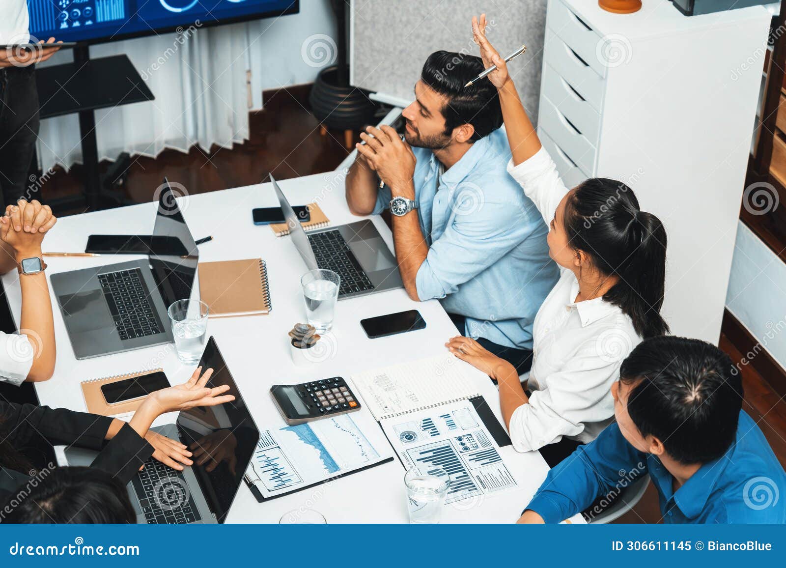 Office Worker Raise Hand Up Asking for Question during Business Meeting ...