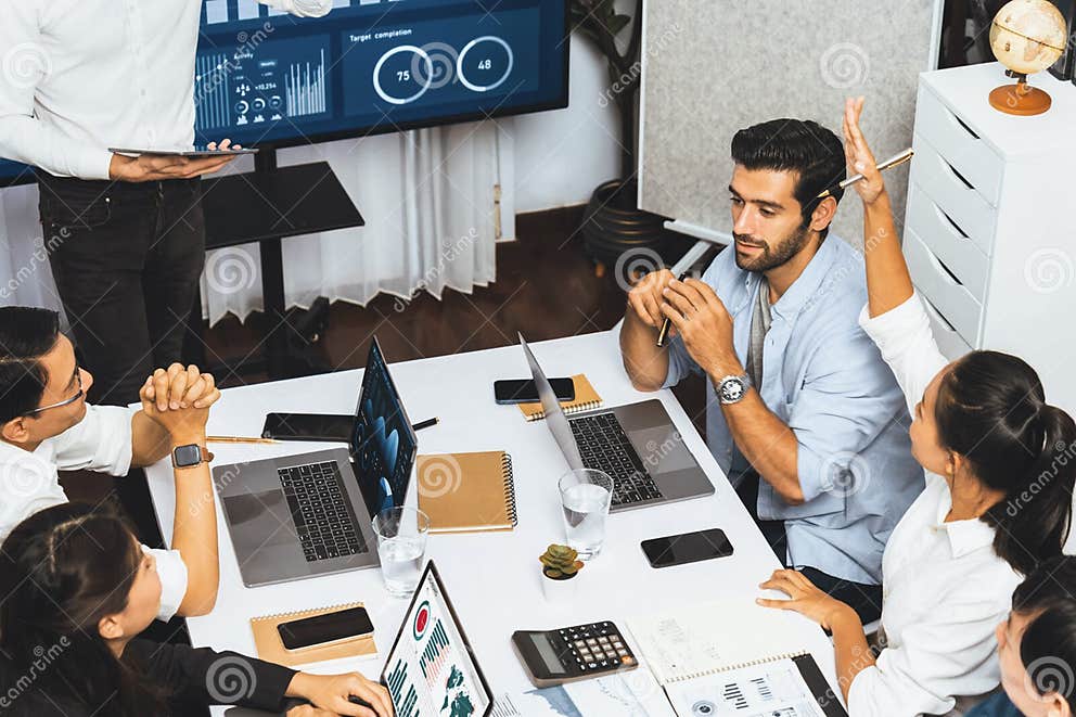 Office Worker Raise Hand Up Asking for Question during Business Meeting ...