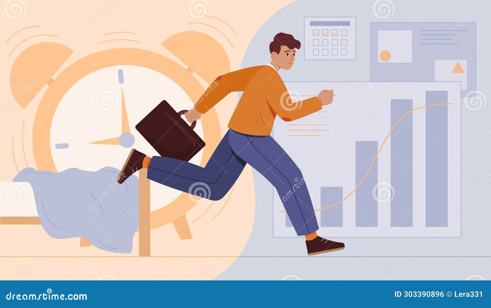 Office Worker Running Late for Work. Stressed Man is Late with ...