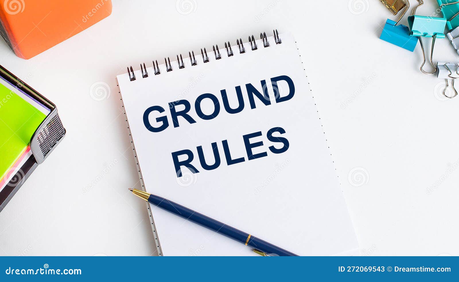Office Worker S Desk, Notepad with GROUND RULES Text, Pen, Stationery ...