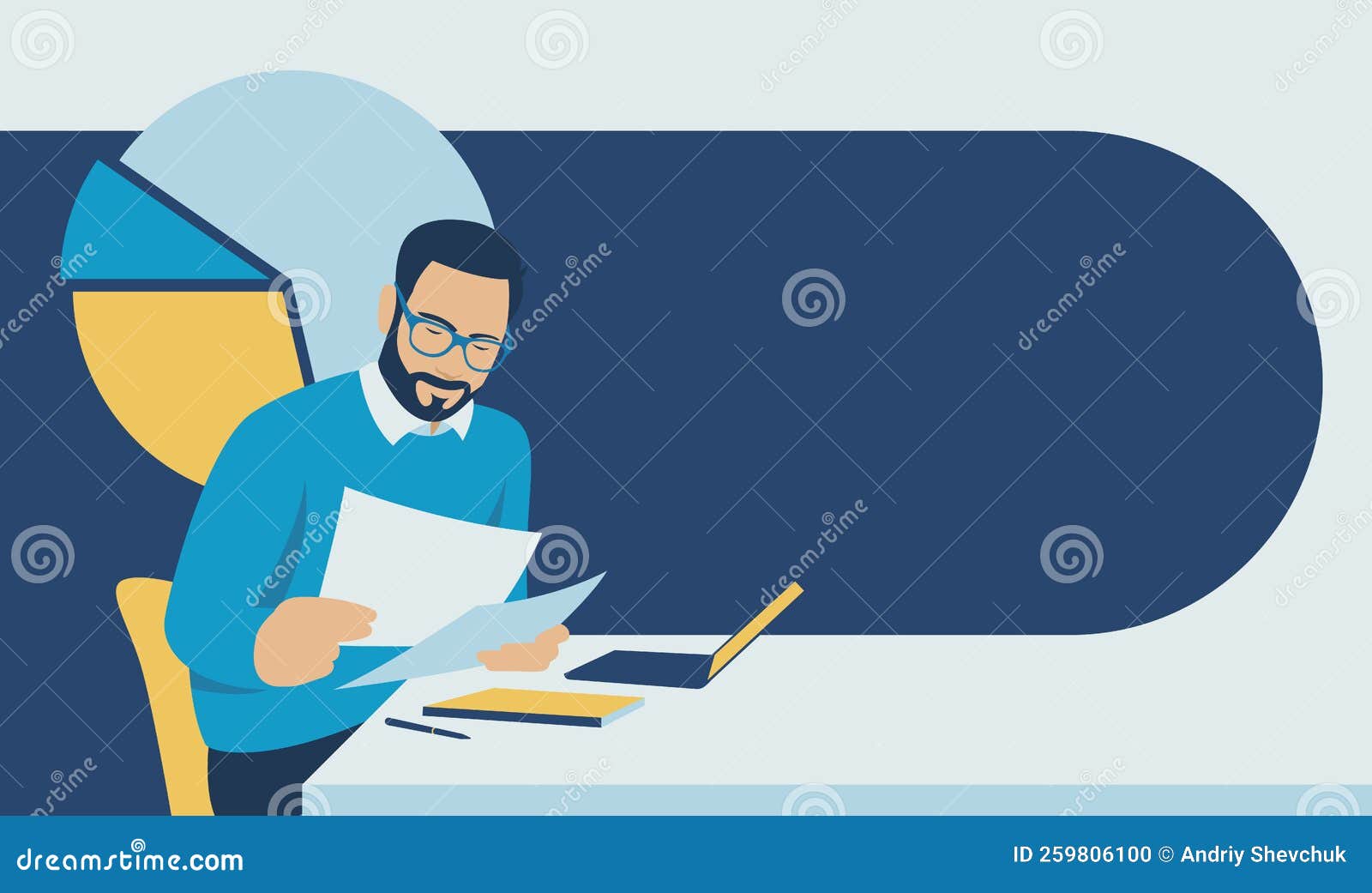 An Office Worker Sits at a Desk and Reads Documents. Flat Design ...