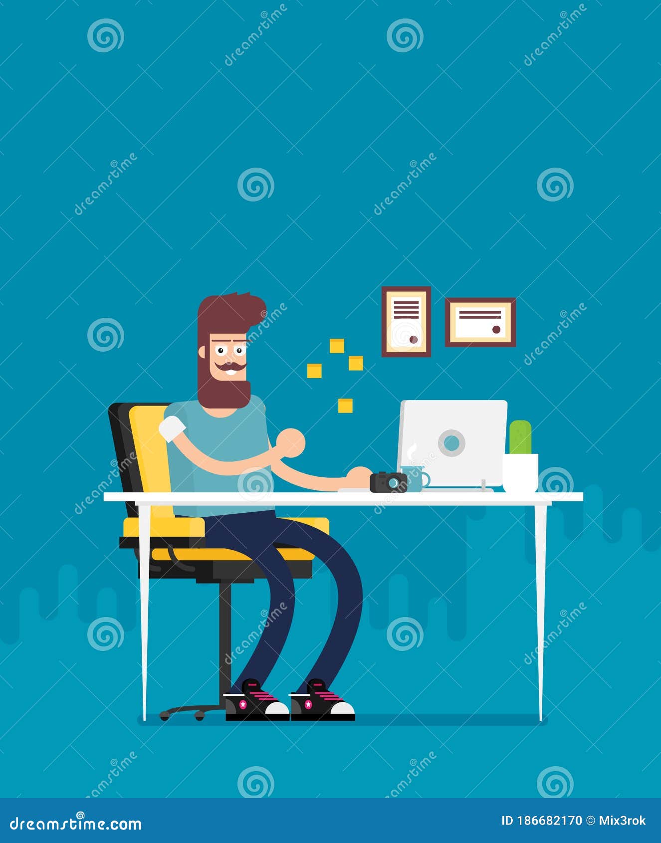 Office Worker Sitting and Working at Desktop Computer in the Flat Style ...