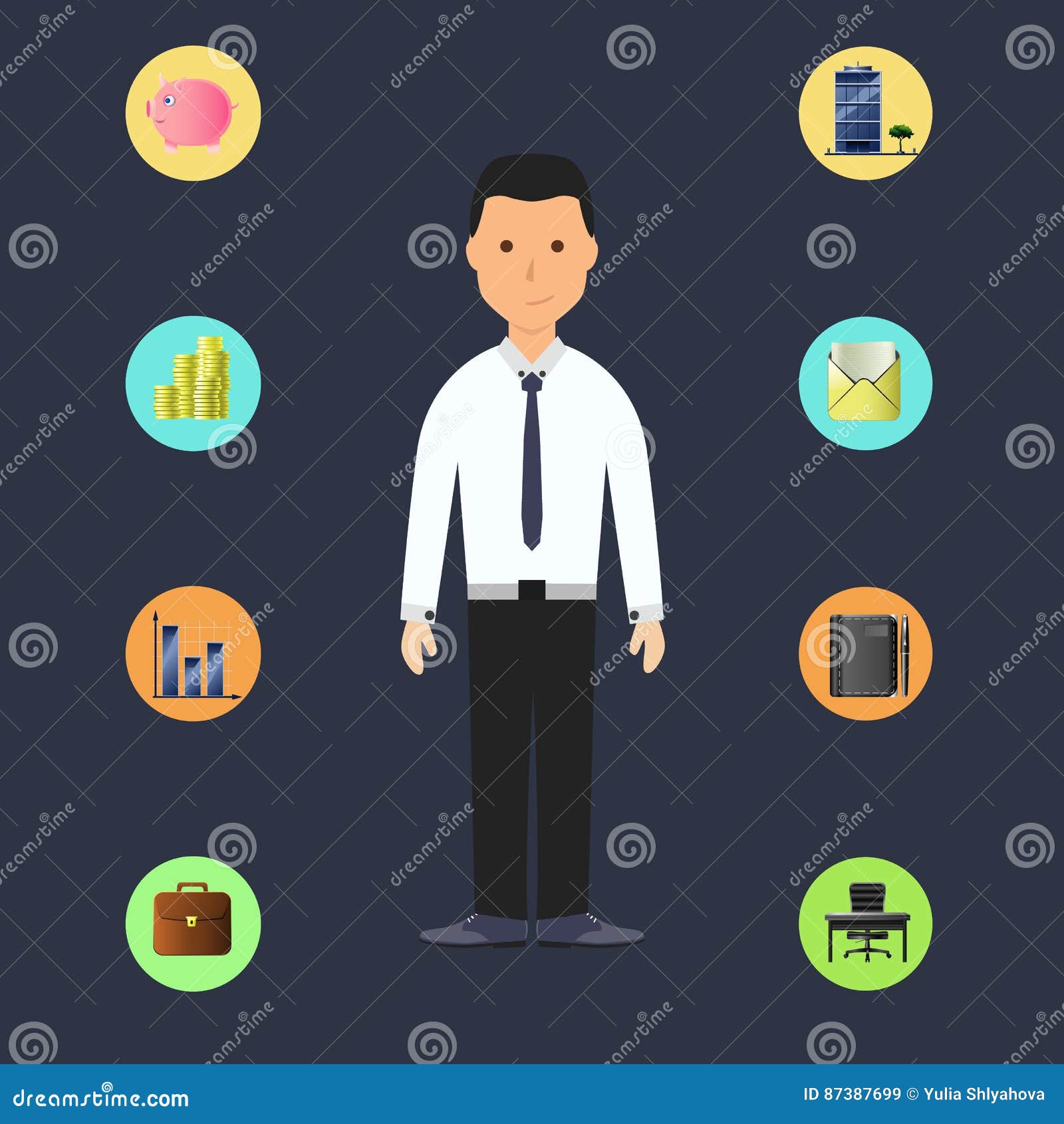 Office Worker Standing with Business Icons Stock Vector - Illustration ...