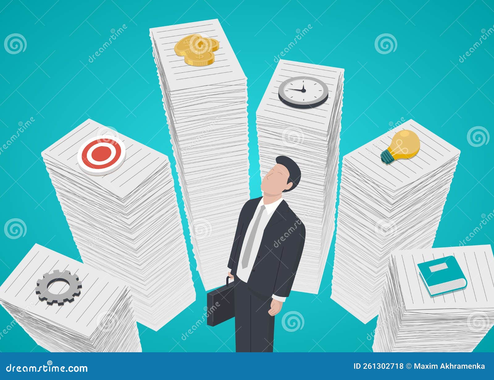 Office Worker Surrounded by Stacks of Paper with Surprises. Stock ...