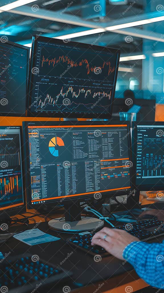 Office Worker Types Amidst Data Filled Screens in Intense Professional ...