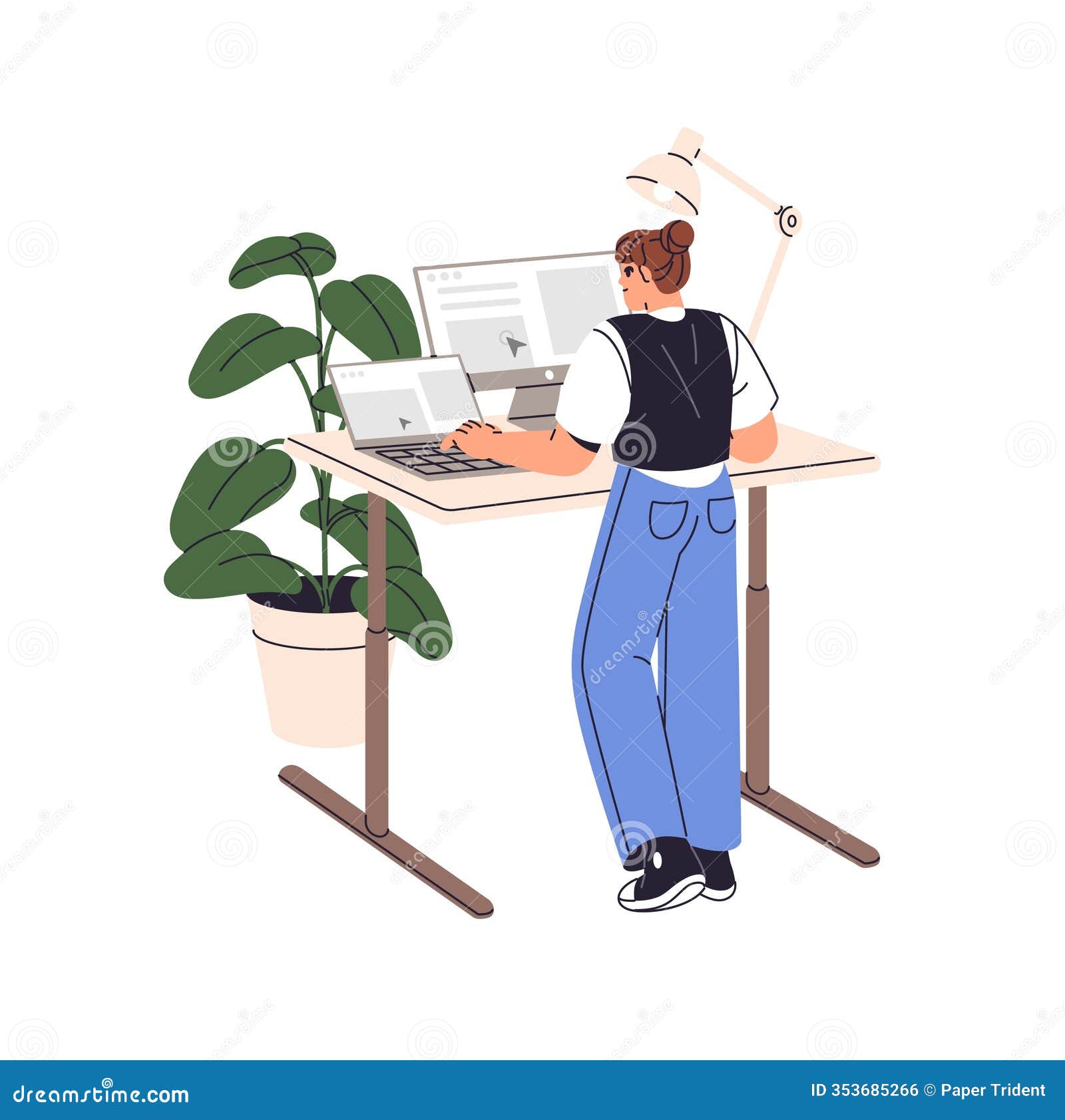 Office Worker Typing on Laptop at the Standing Desk Back View. Employee ...