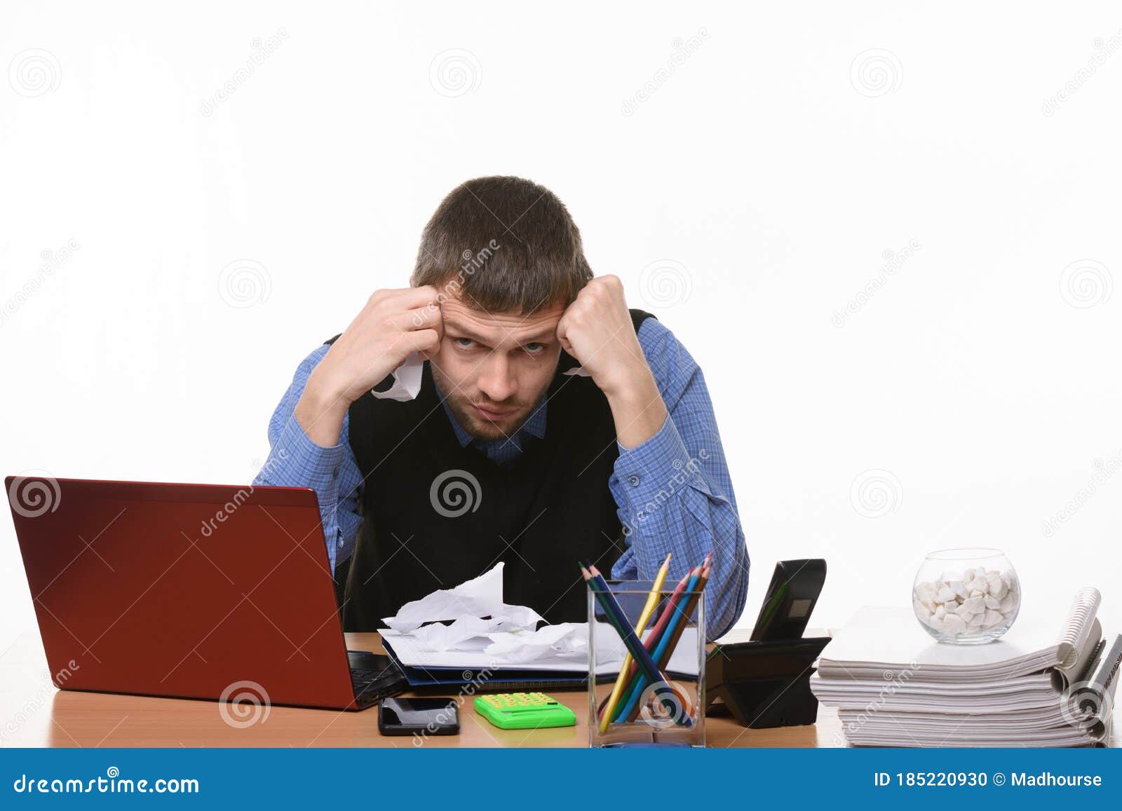 Office Worker Unsuccessfully Comes Up with New Ideas at the Desk Stock ...