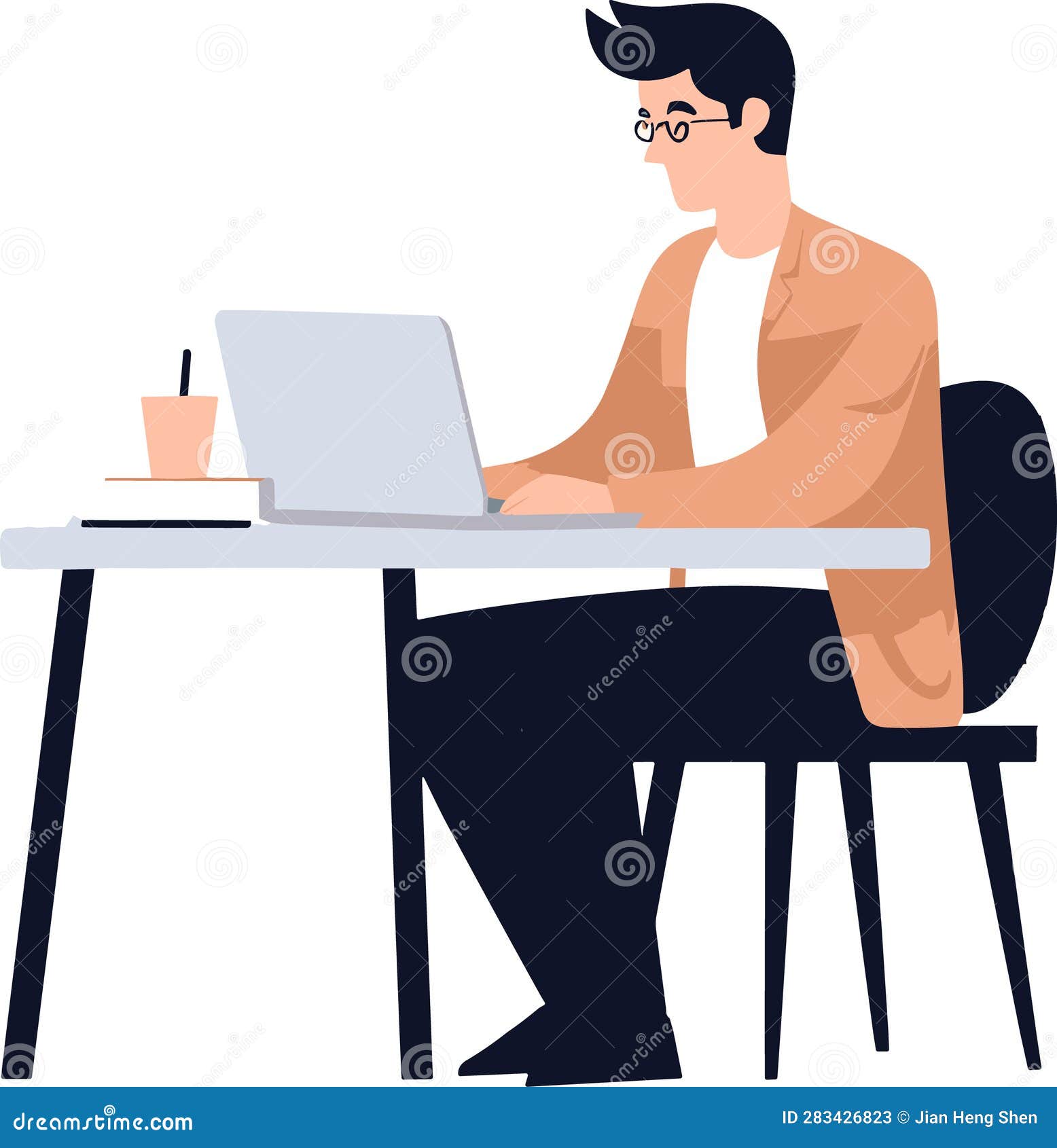 Office Worker Using Laptop on the Desk, White Background , Illustration ...